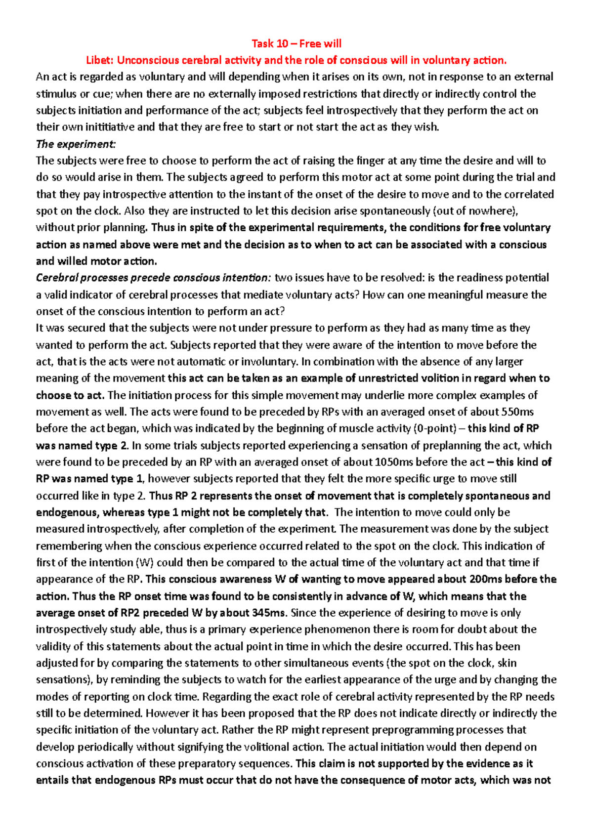 Solid Study Guide - Task 10 - Free Will - Task 10 – Free will Libet ...