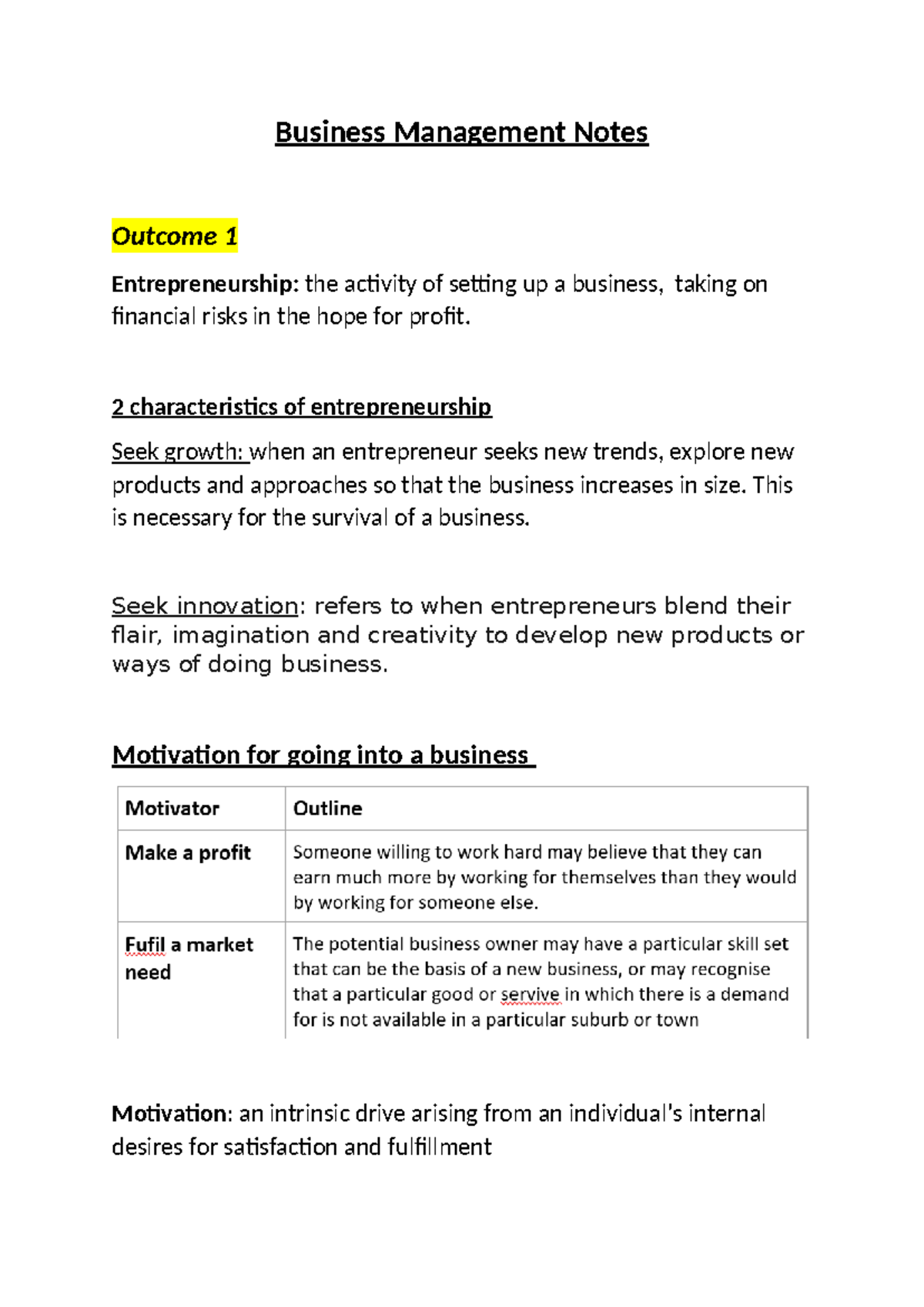 Business Management Notes - Business Management Notes Outcome 1 ...