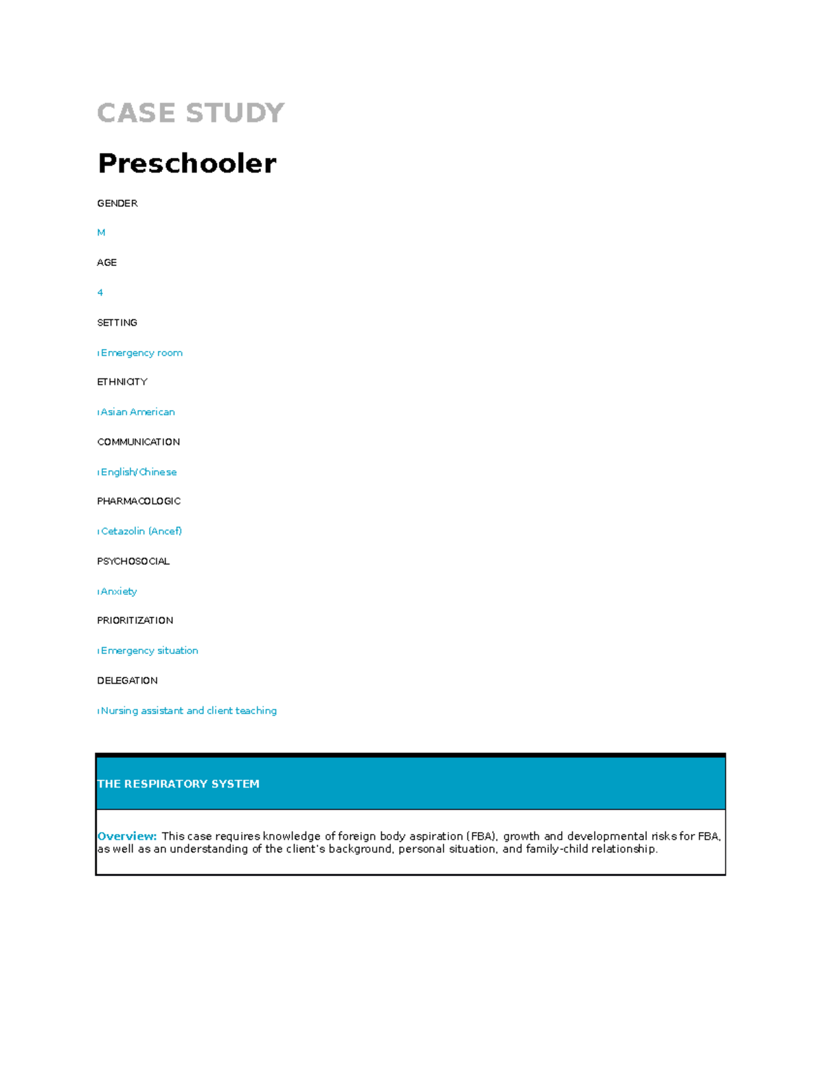 CASE Study - Preschooler - Student - CASE STUDY Preschooler GENDER M ...