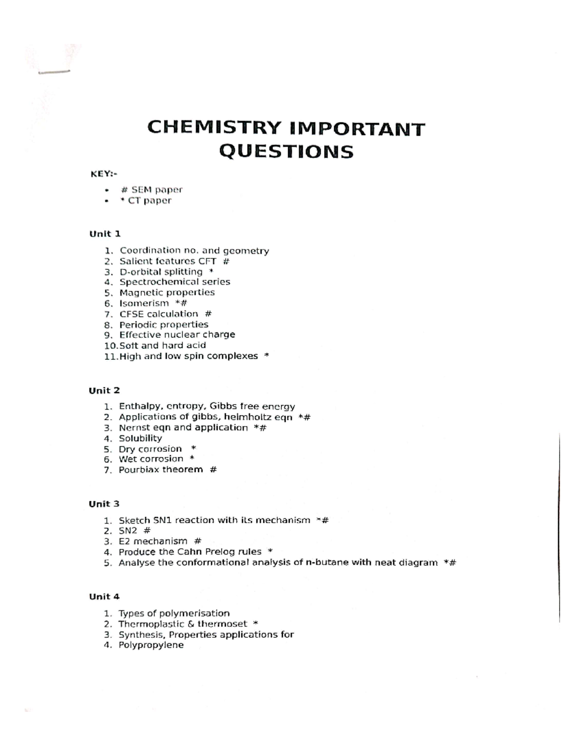 Chem Important question - CHEMISTRY IMPORTANT QUESTIONS SEM paper CT ...