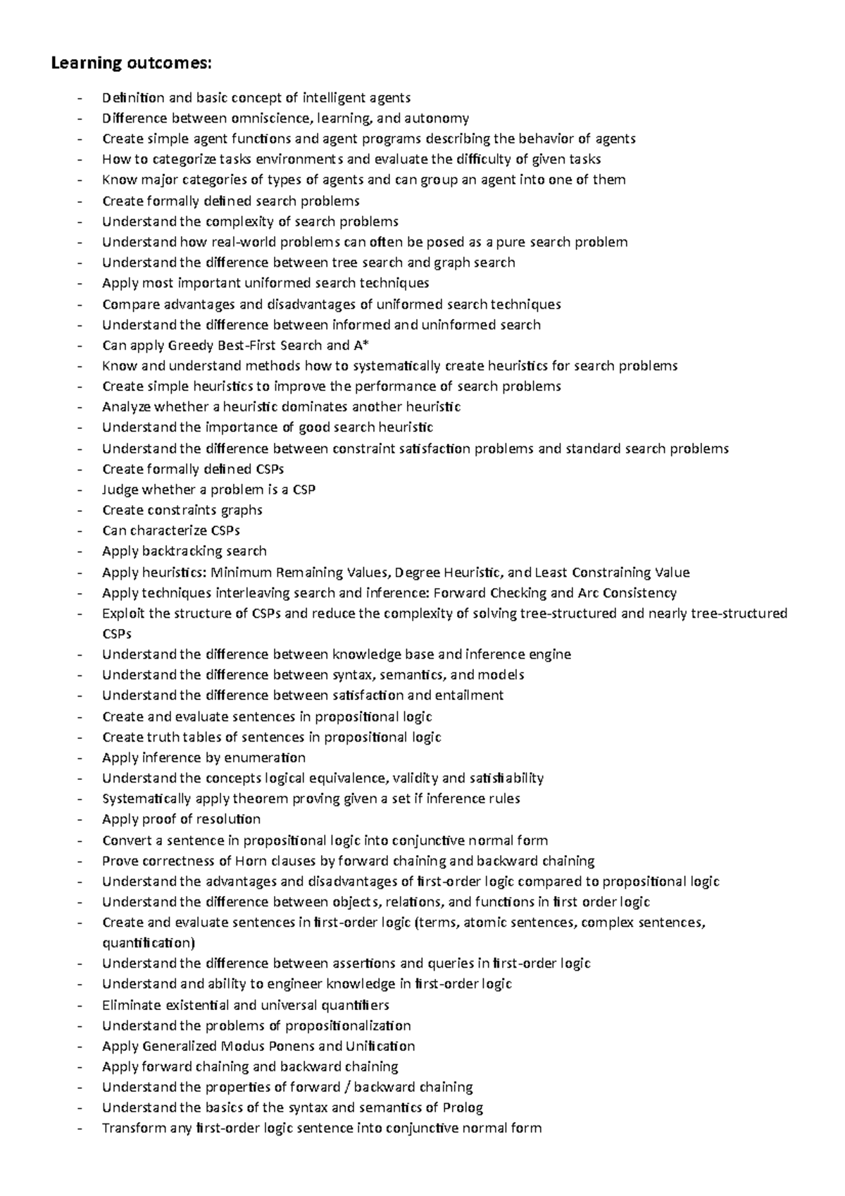 Complete list of learning outcomes (exam relevant topics) - Learning ...