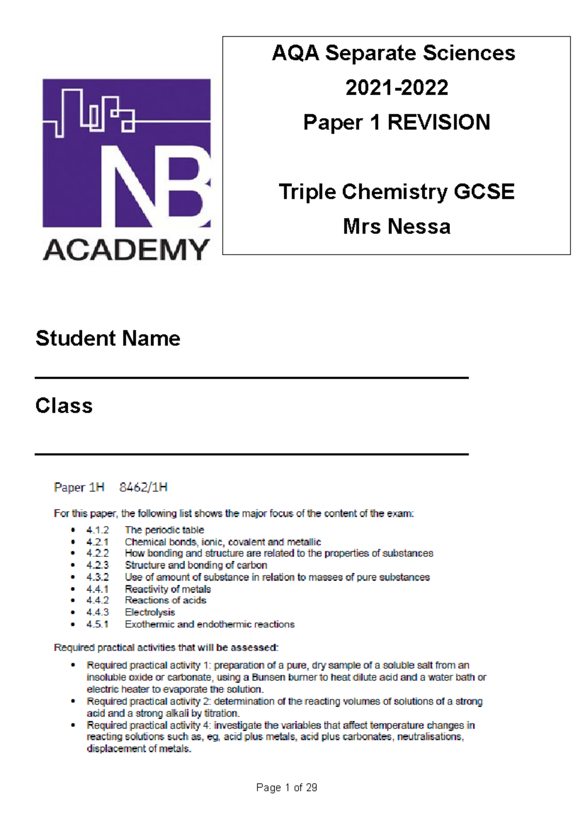 Triple Chem Paper 1 Revision PACK copy - Student Name