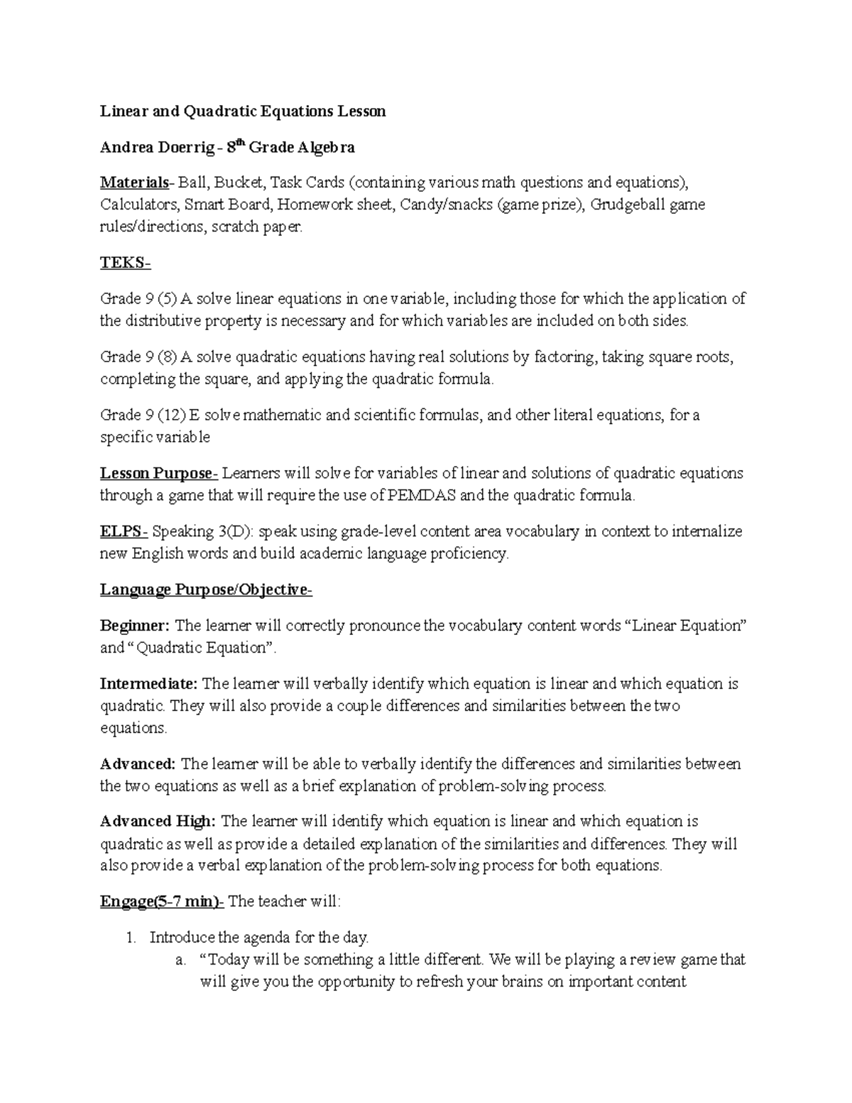 Linear and Quadratic Equations Lesson Plan - Linear and Quadratic ...