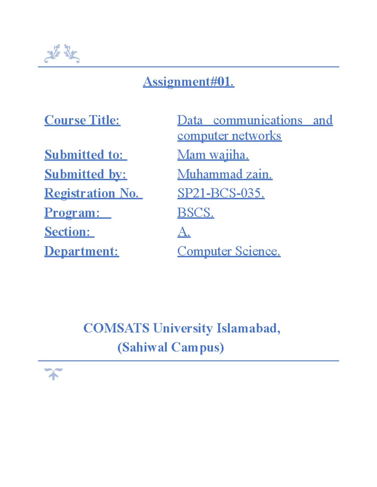 Assignment 1 Dccn Good Assignment 01 Course Title Data Communications And Computer