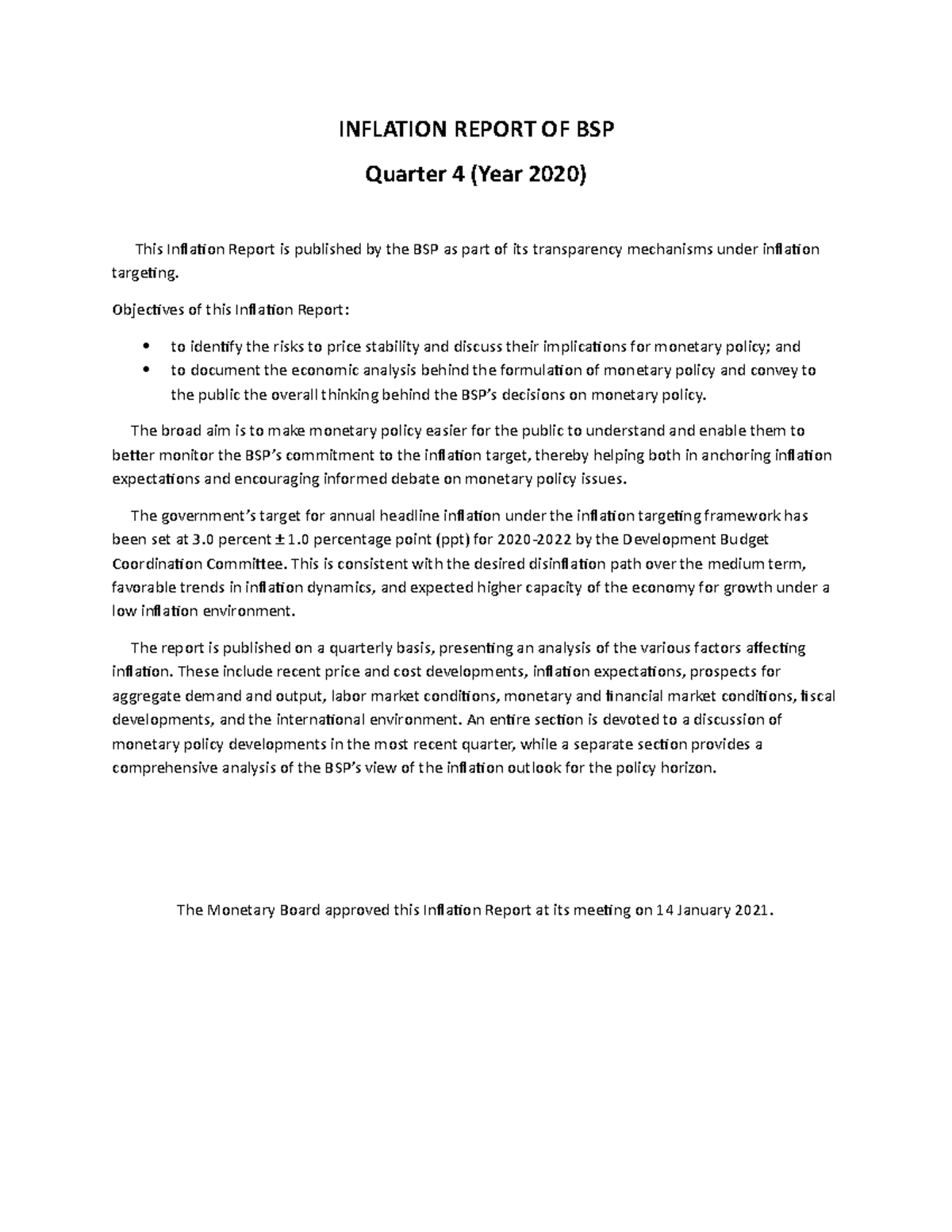 This Inflation Report is published by the BSP as part of its ...