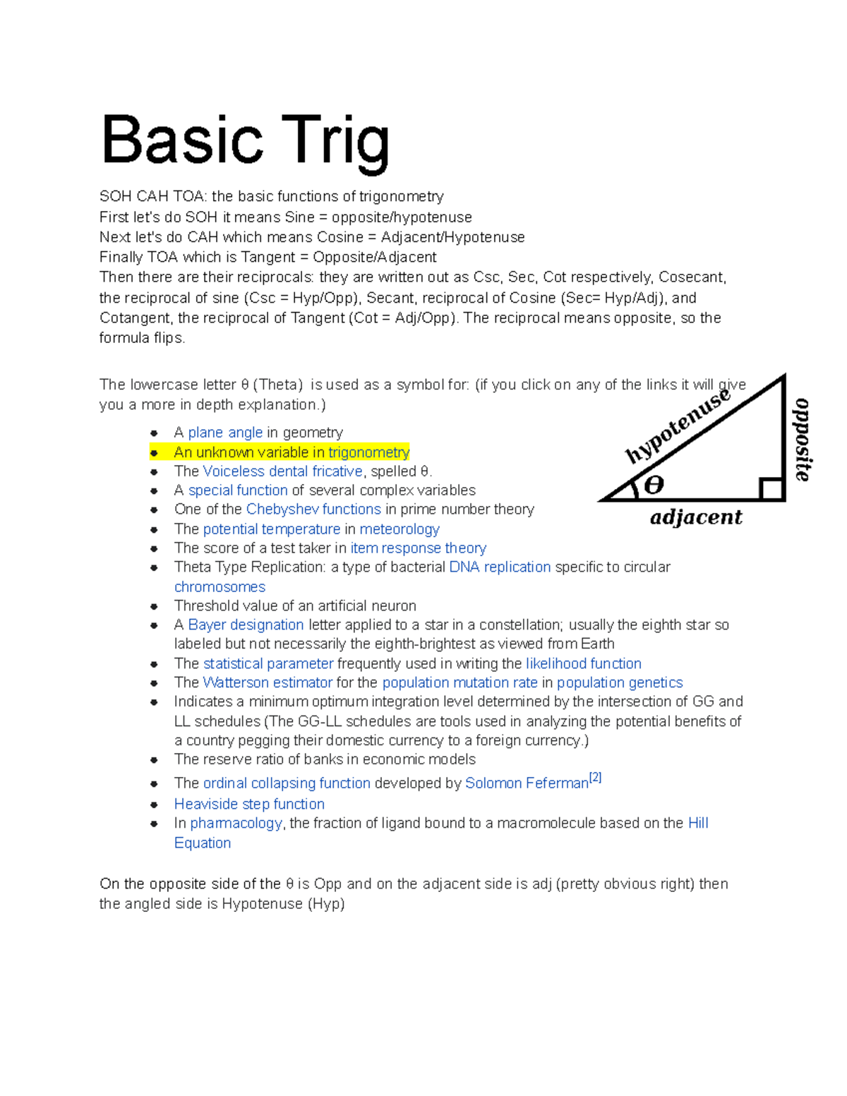 Math-trigonometry - Basic Trig SOH CAH TOA: the basic functions of trigonometry First let’s do ...