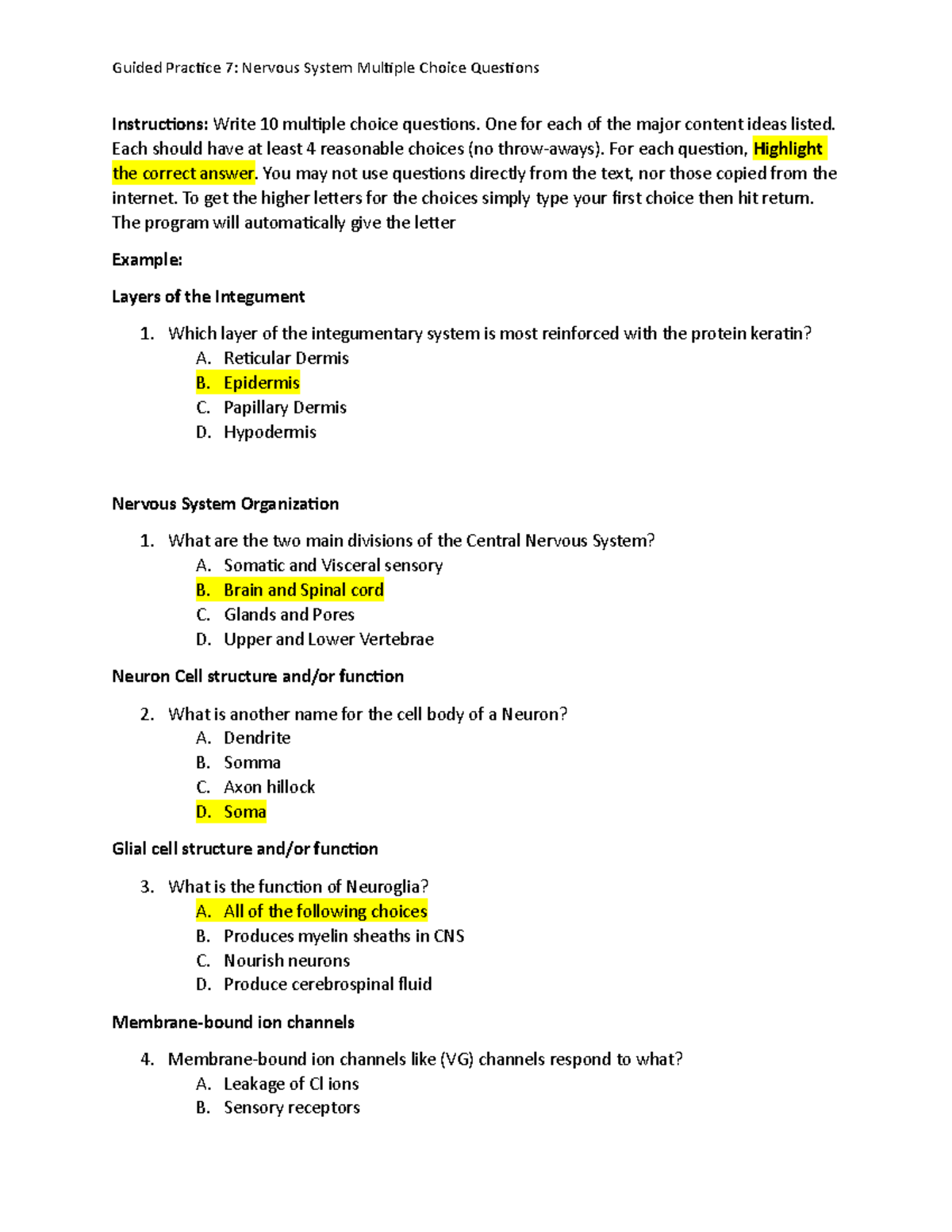 BIOL 243 Guided Practice 7 - Nervous System Multiple Choice(1) - Guided ...
