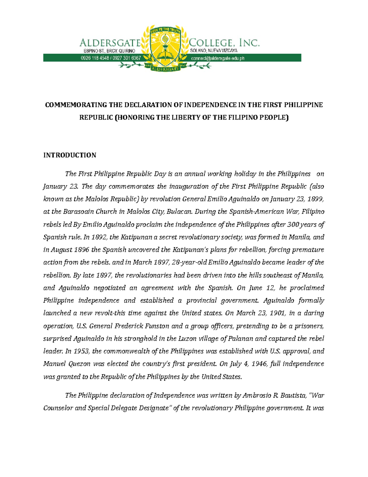 Ration OF Independence IN THE First Philippine Republic - COMMEMORATING ...