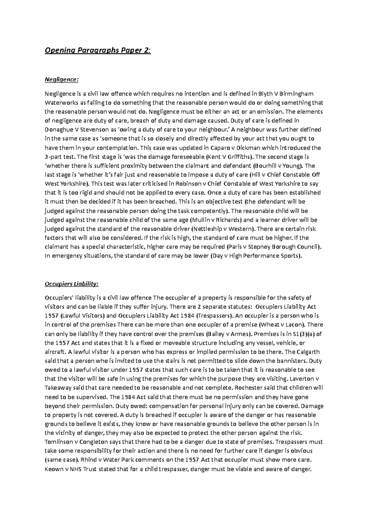 Law Opening Paragraphs Paper 2 - Opening Paragraphs Paper 2: Negligence ...
