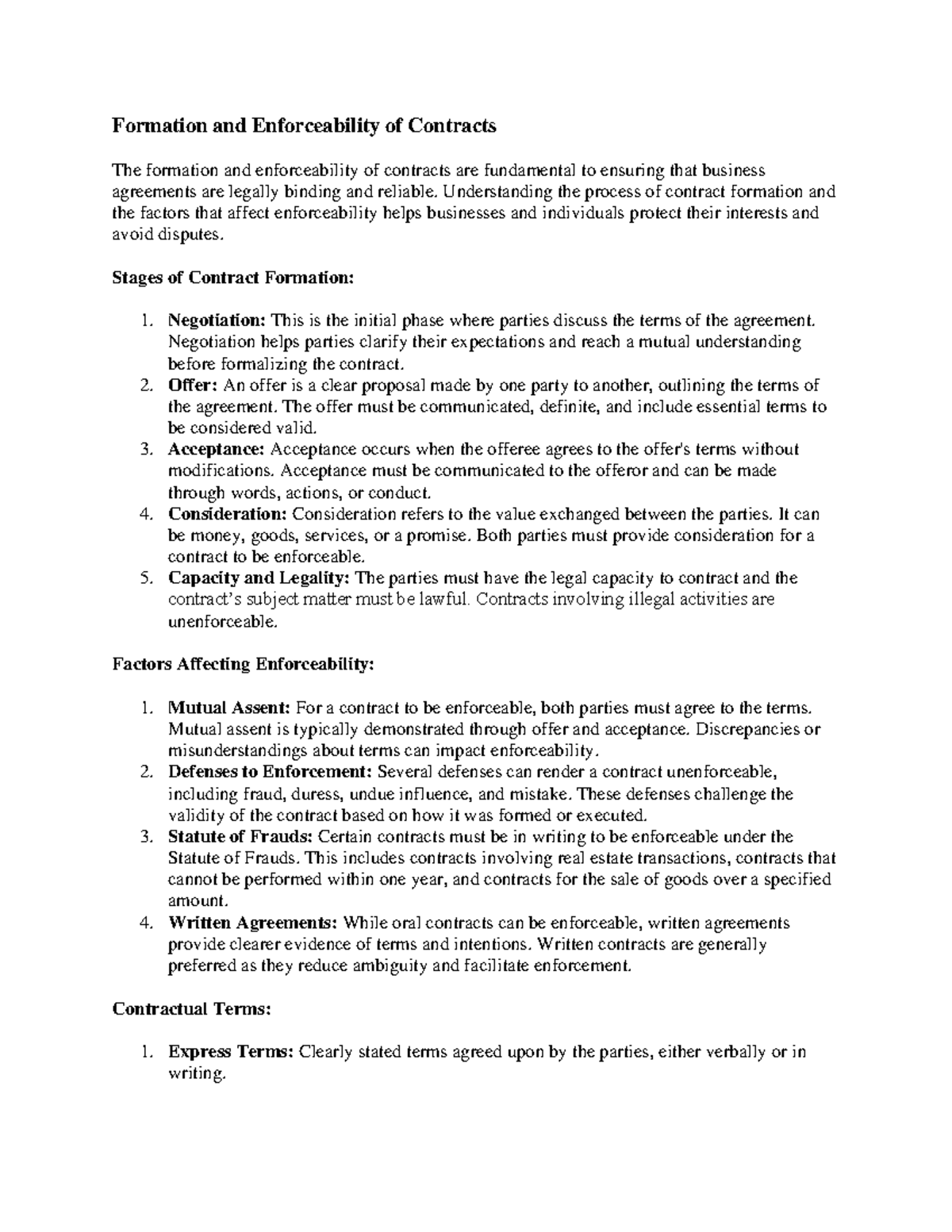 The formation and enforceability of contracts are fundamental to ...