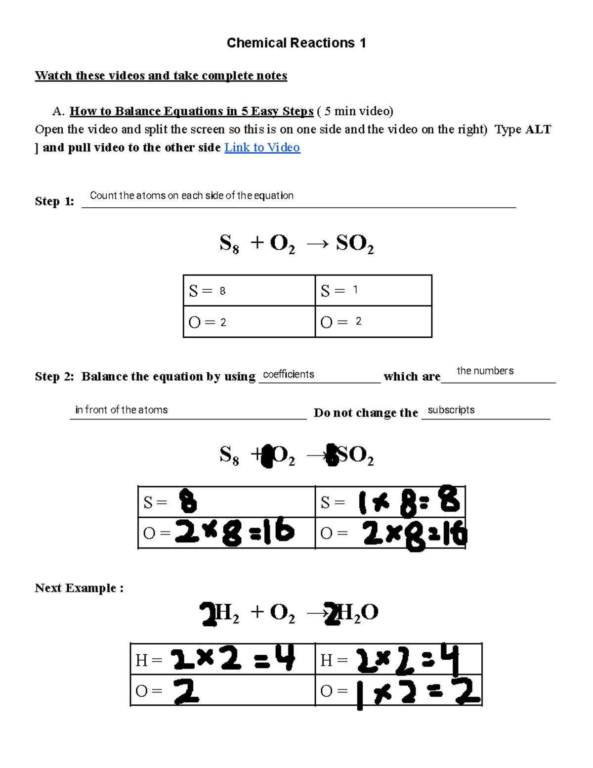 Homework Reactions 1 Curie - Chemical Reactions 1 Watch these videos ...