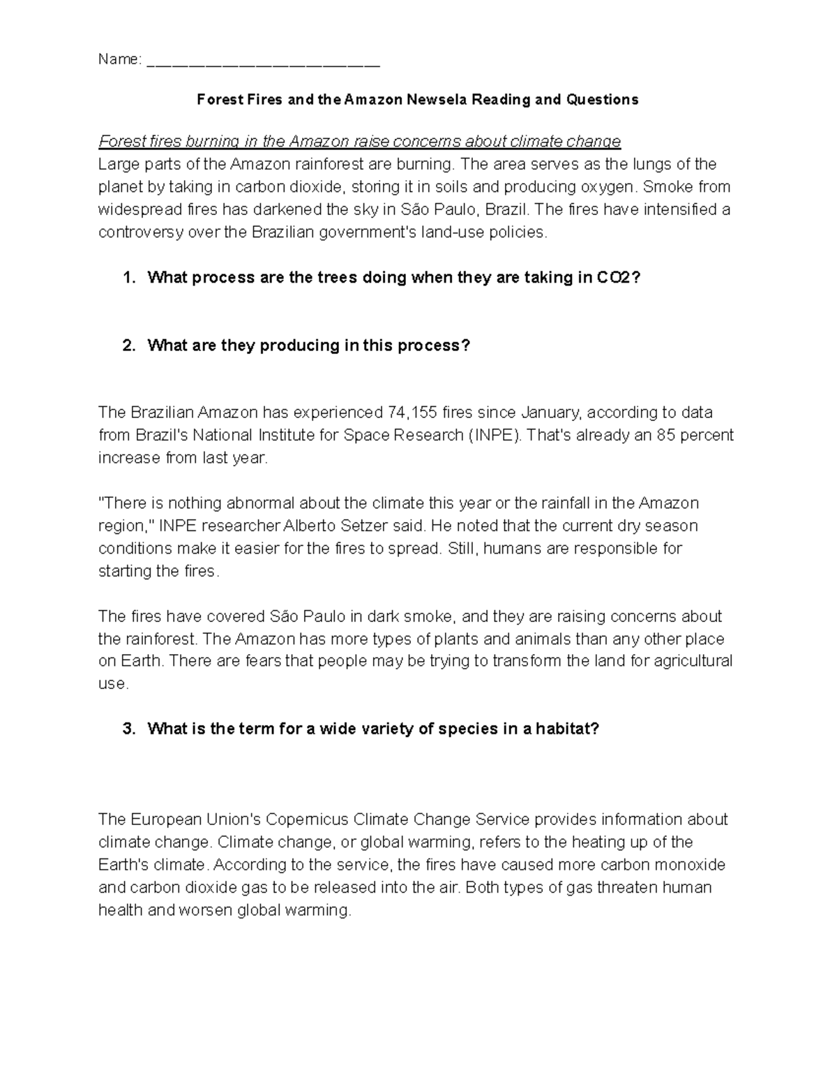 Forest fires and the Amazon Newsela Reading and questions - Name