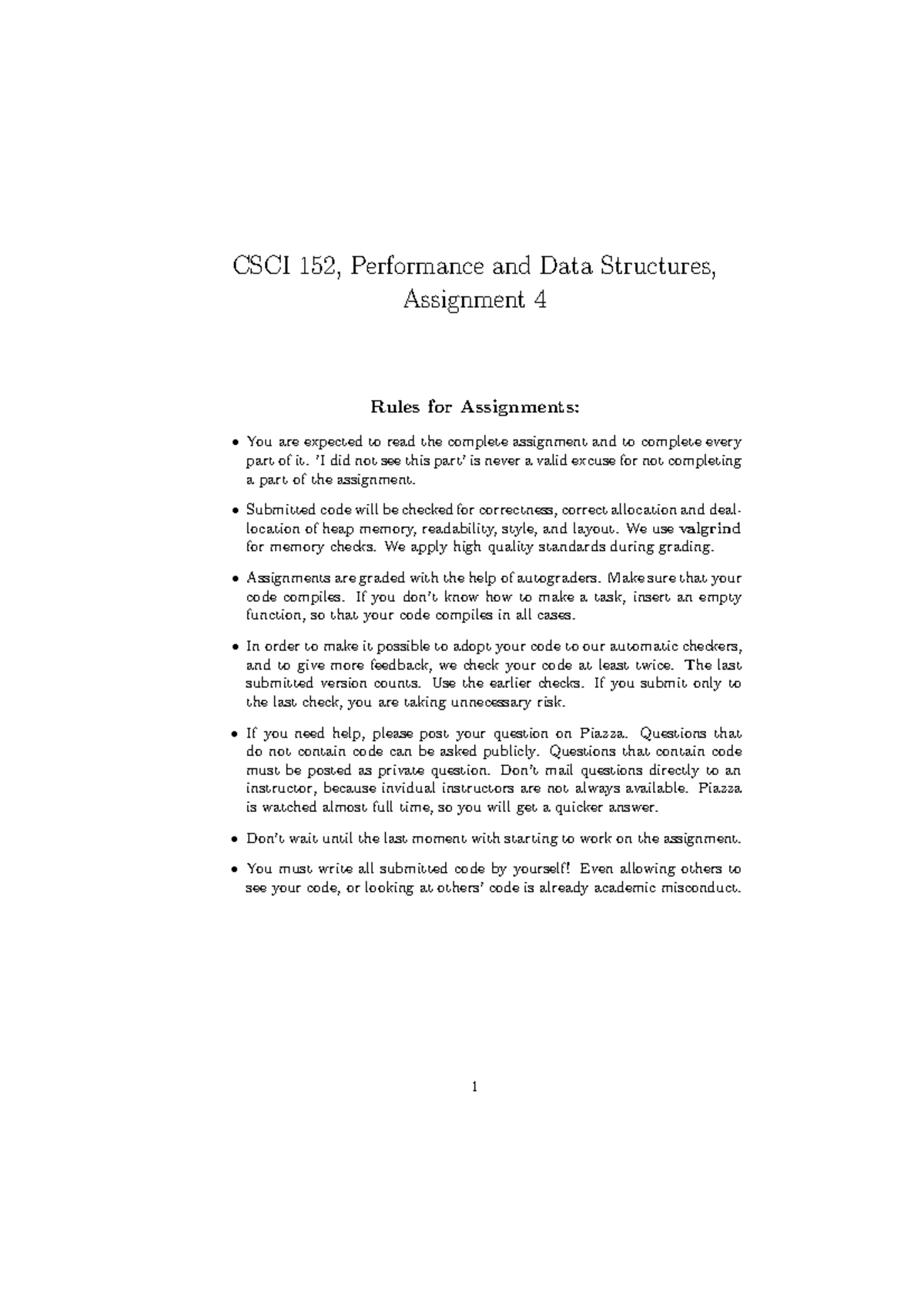 Assignment 04 -kvjvjhvjhvj,hvjv - CSCI 152, Performance and Data Structures, Assignment 4 Rules ...