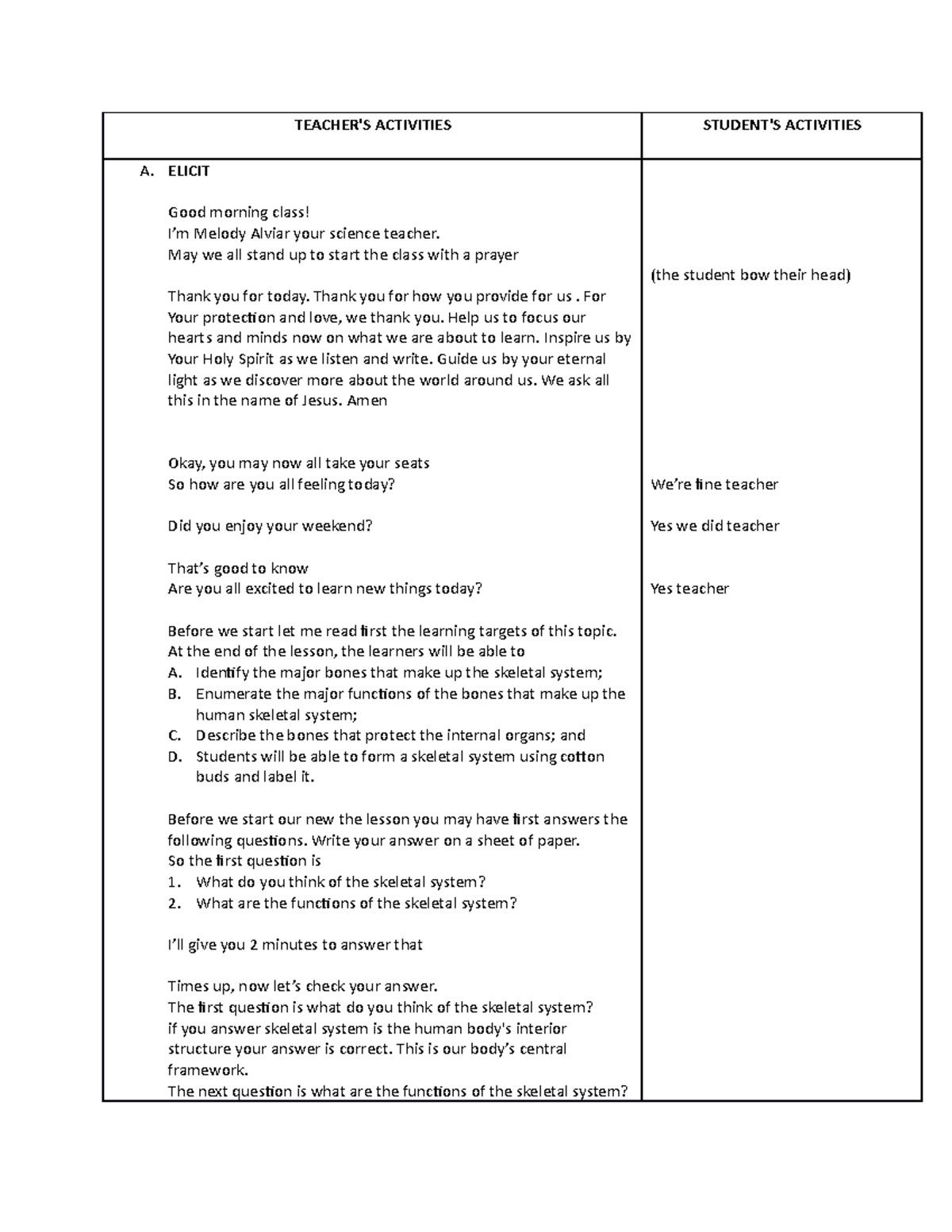 Detailed lesson plan - None - TEACHER'S ACTIVITIES STUDENT'S ACTIVITIES ...
