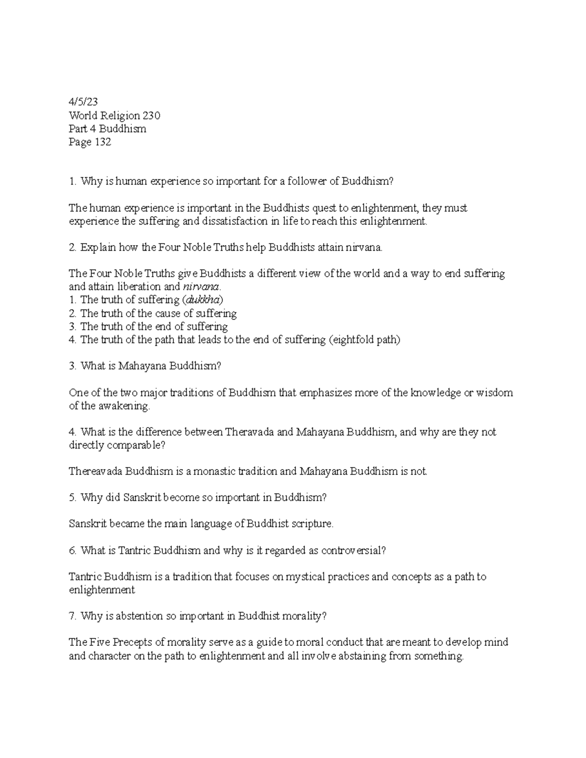 Buddhism 4 - Chapter 4 Questions - 4/5/ World Religion 230 Part 4 ...