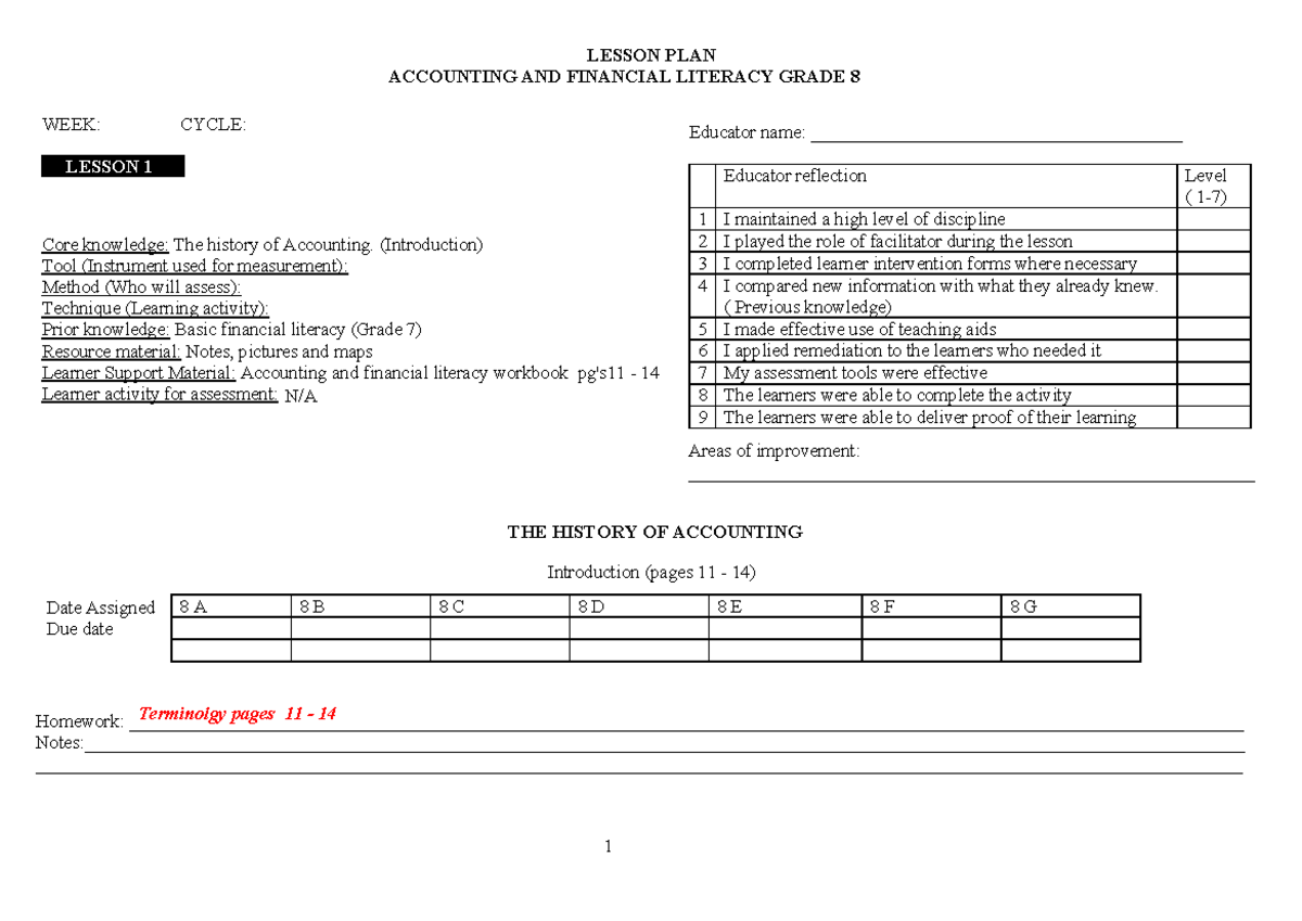 Lesson Plans Grade 8 ACC 2015 - ACCOUNTING AND FINANCIAL LITERACY GRADE ...