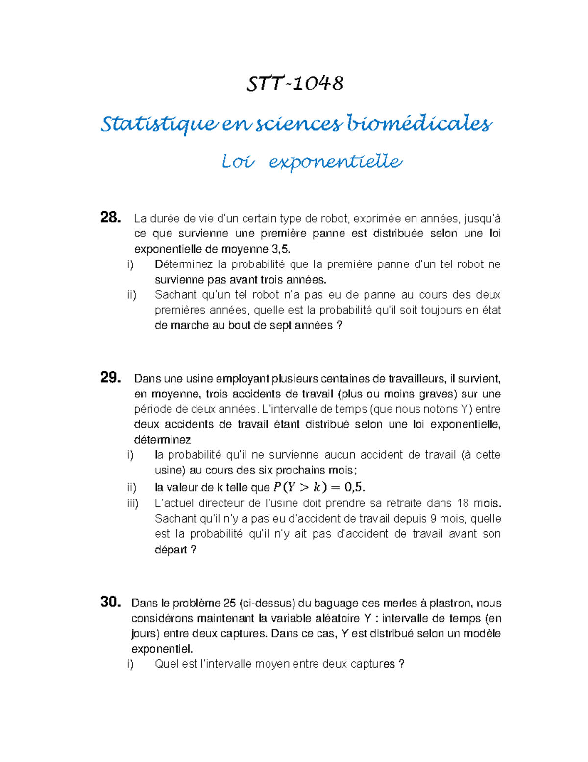 Exercices(2016 ).statistique Sciences Biomedicales - Warning: TT: undefined function: 32 STT ...