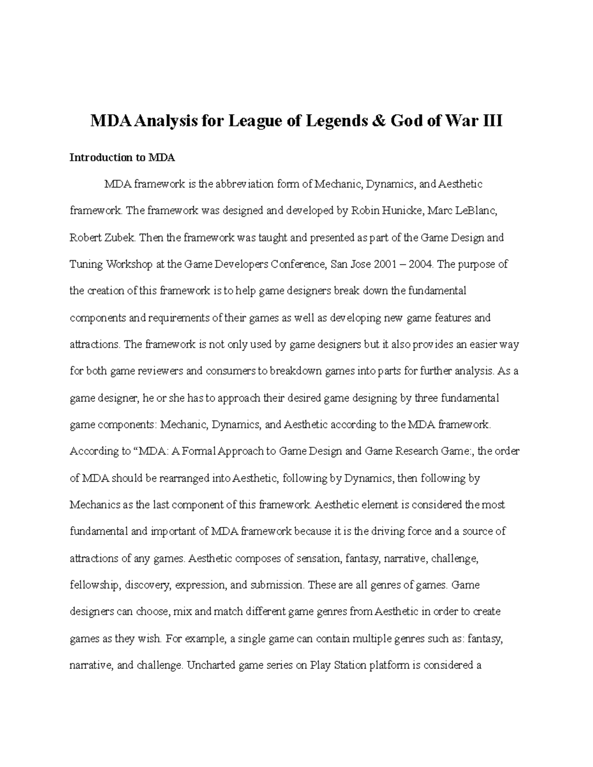 MDA Analysis - Grade: A - MDA Analysis for League of Legends & God of ...