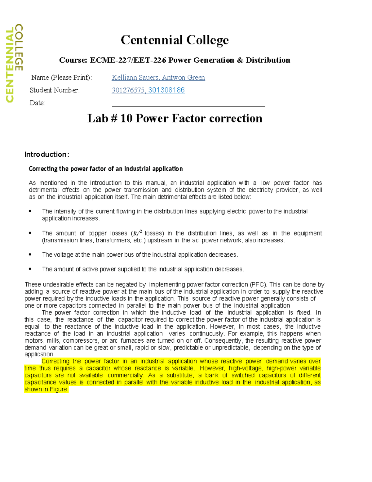EET-226 Lab # 10 power factor correction - Centennial College Course: ECME-227/EET-226 Power ...