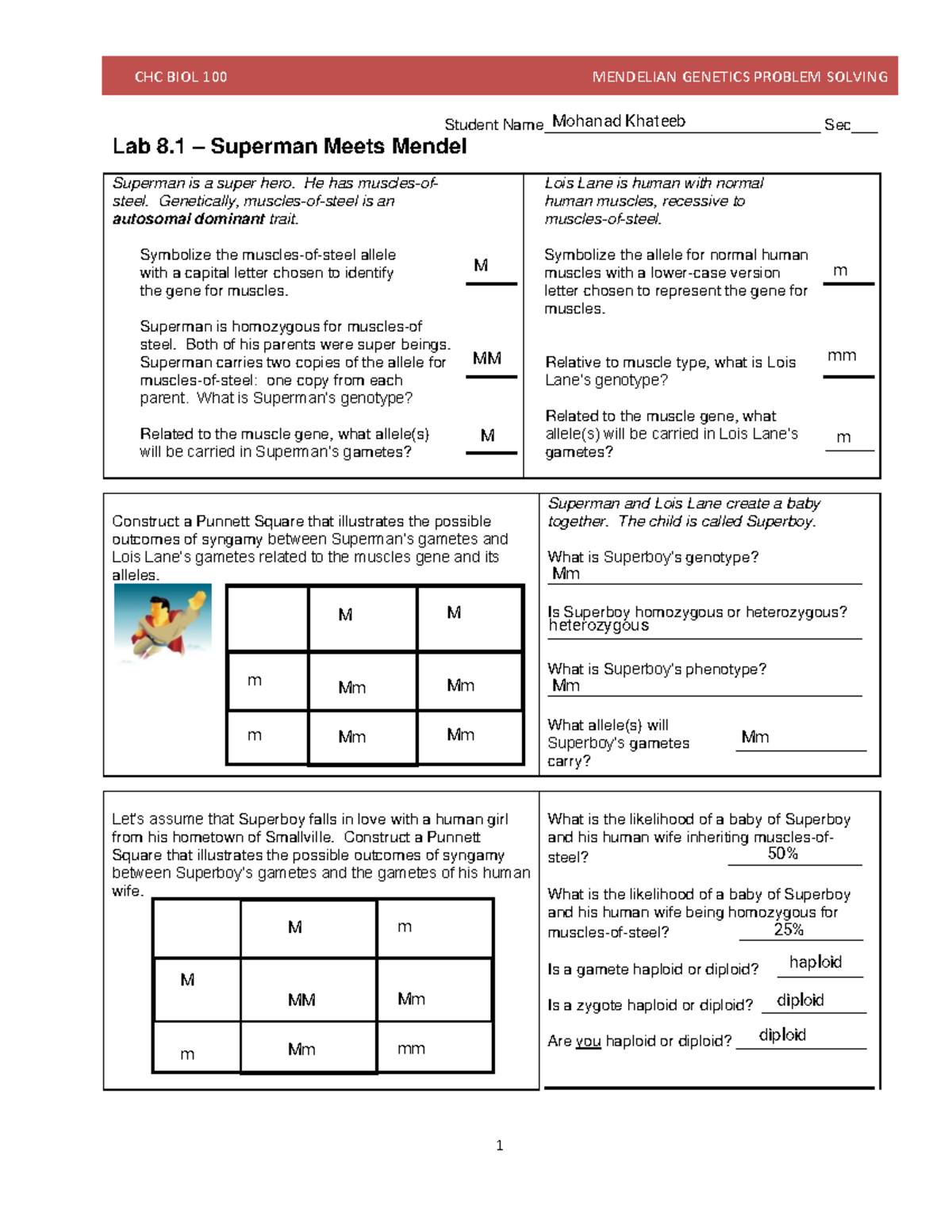 Completed - Lab 8.1 Superman meets Mendel - CHC BIOL 100 MENDELIAN GENETICS PROBLEM SOLVING 1 ...