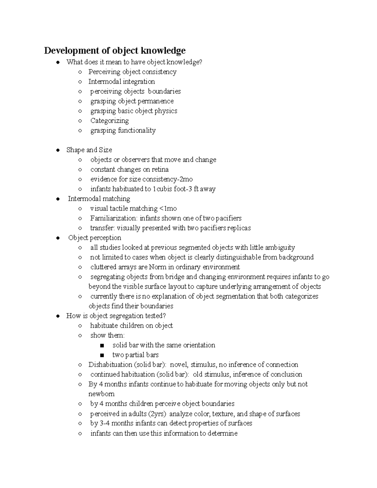 Exam 2 notes - Development of object knowledge What does it mean to ...