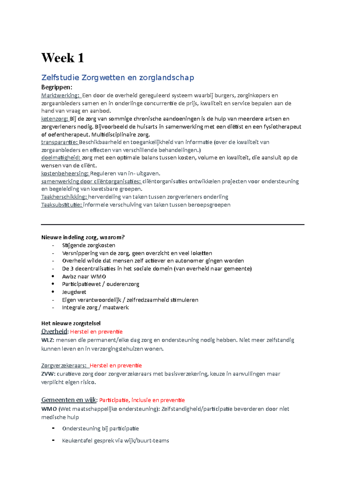 Voorbereiding wijk def - Week 1 Zelfstudie Zorgwetten en zorglandschap ...