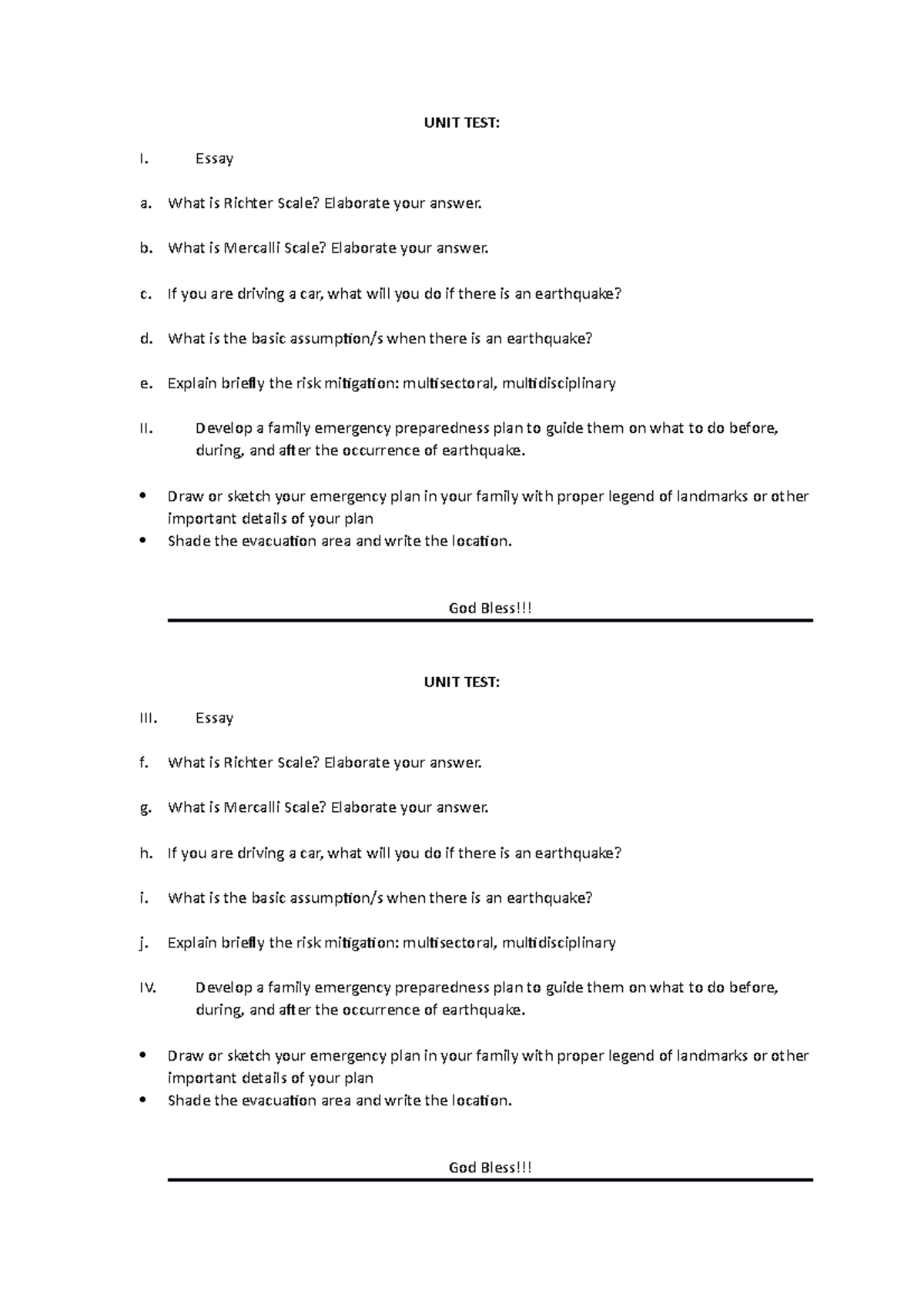 UNIT TEST earthquake - UNIT TEST: I. Essay a. What is Richter Scale ...