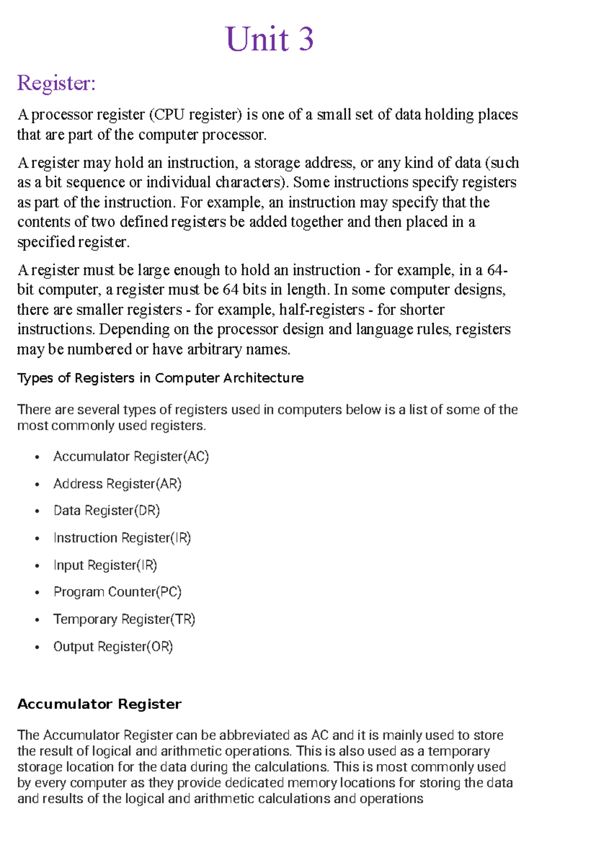 Unit 3 - unit 3 notes for coa ipu - Unit 3 Register: A processor ...