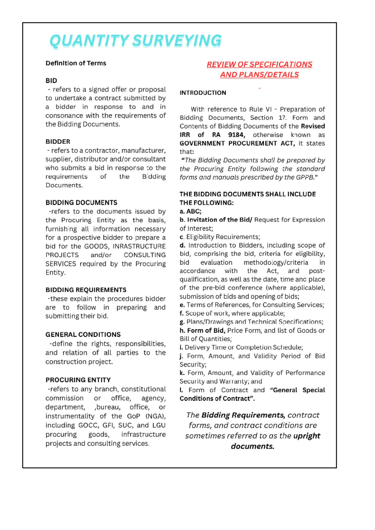 To be print - civil engineering laws - QUANTITY SURVEYING Definition of ...