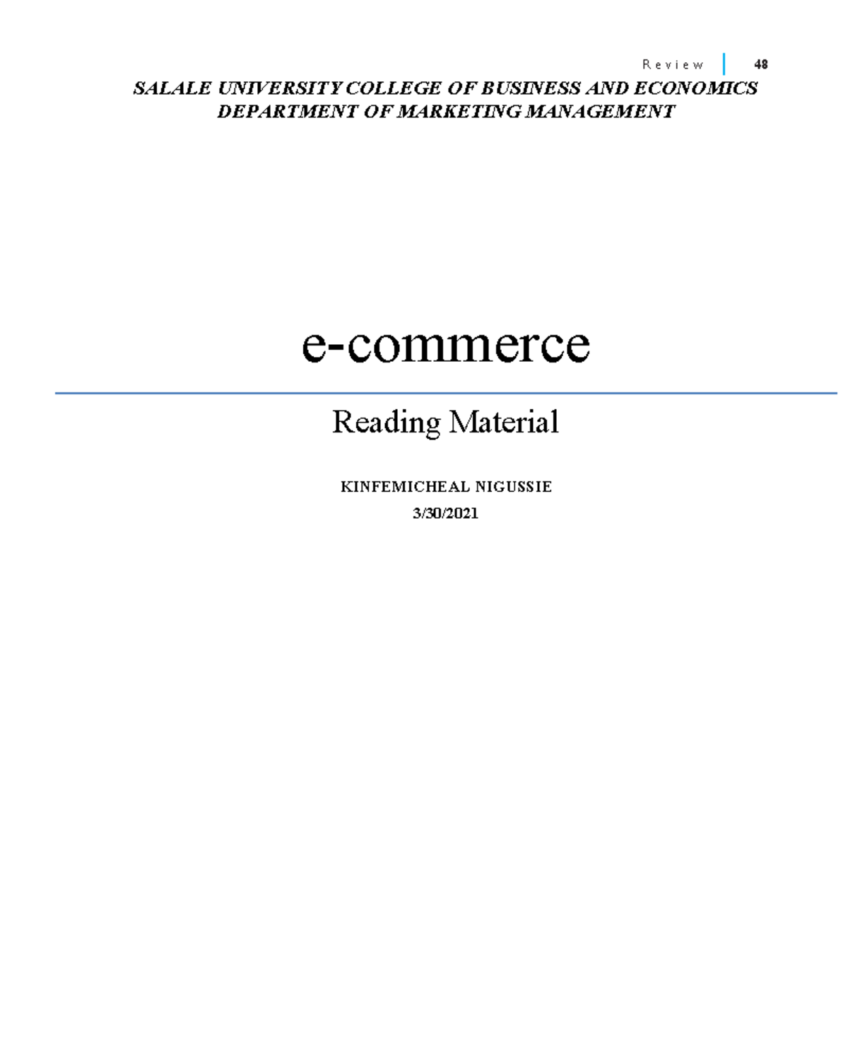 E-commerce reading - lecture - SALALE UNIVERSITY COLLEGE OF BUSINESS ...