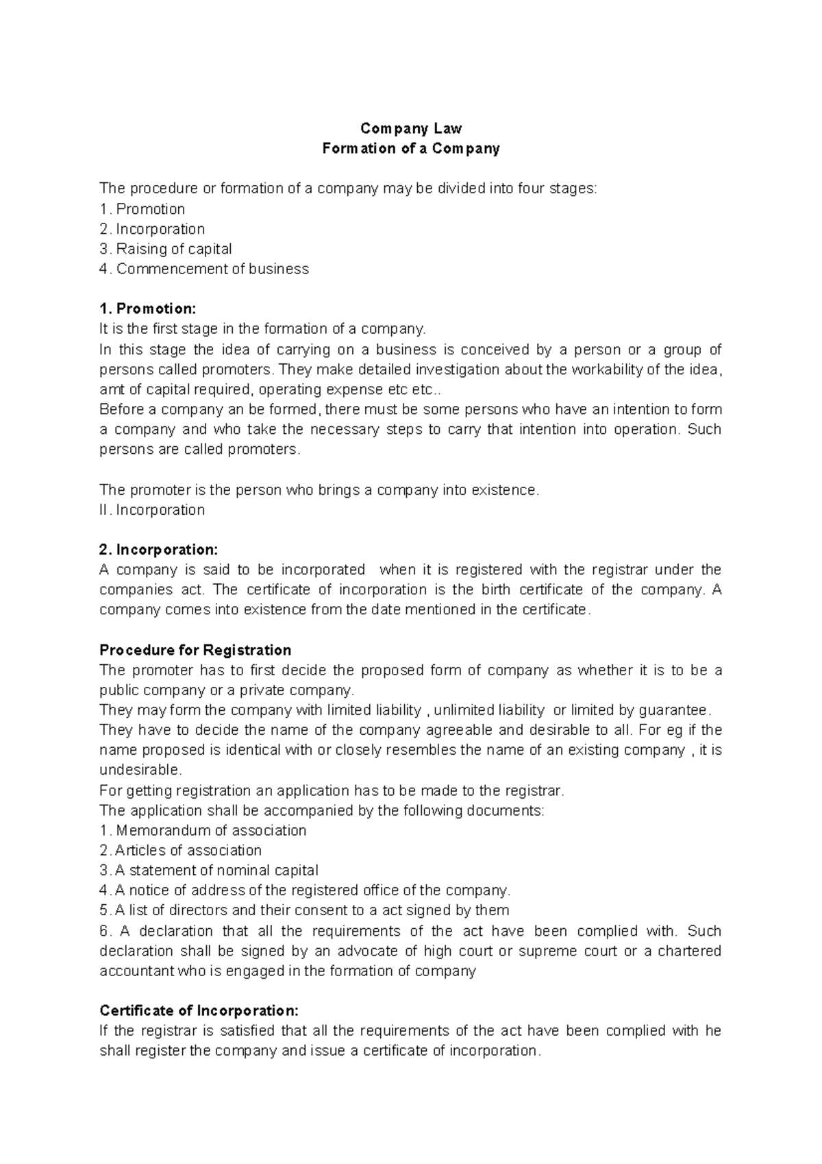 Formation of company - notes - Company Law Formation of a Company The ...