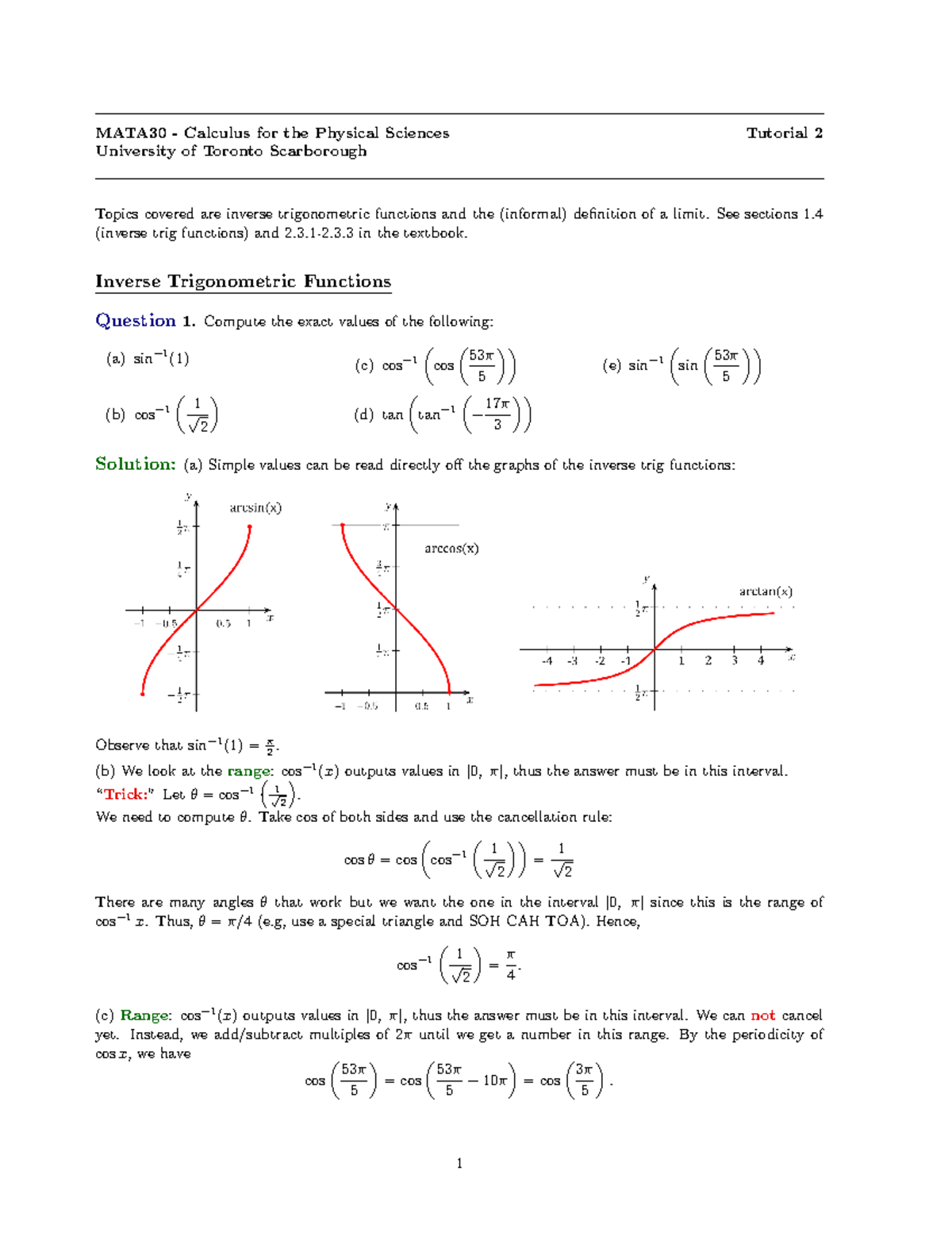 MATA30 Tutorial 02 Problems - MATA30 - Calculus for the Physical Sciences Tutorial 2 University ...