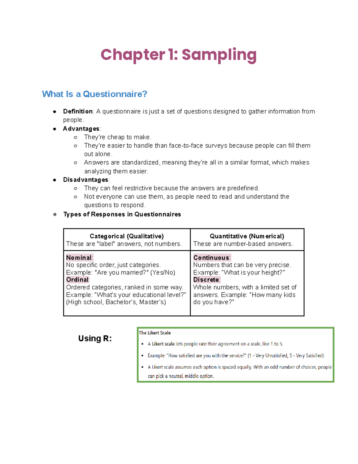 CH1 data analysis - notes - Chapter 1: Sampling What Is a Questionnaire ...