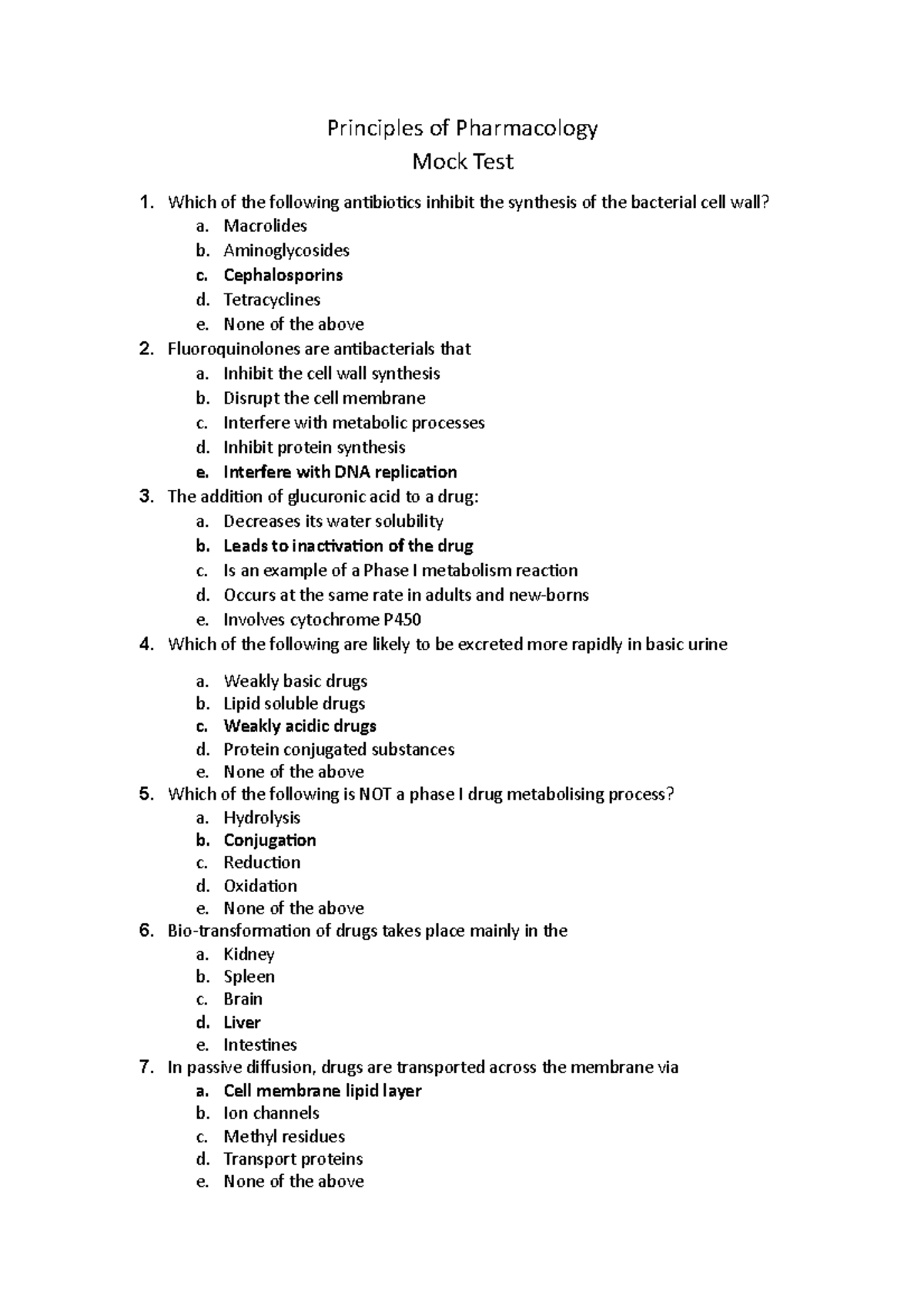 Principles of Pharmacology - mock test + answers - Principles of ...