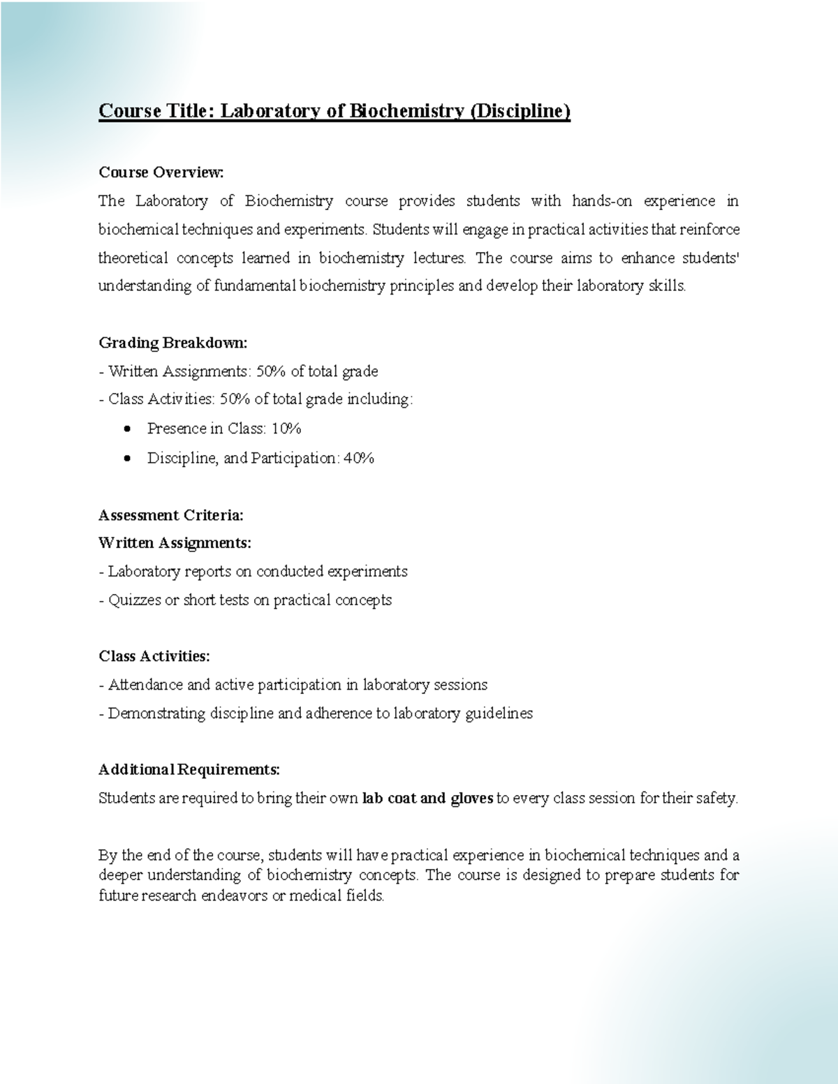 Course plan - Course Title: Laboratory of Biochemistry (Discipline ...