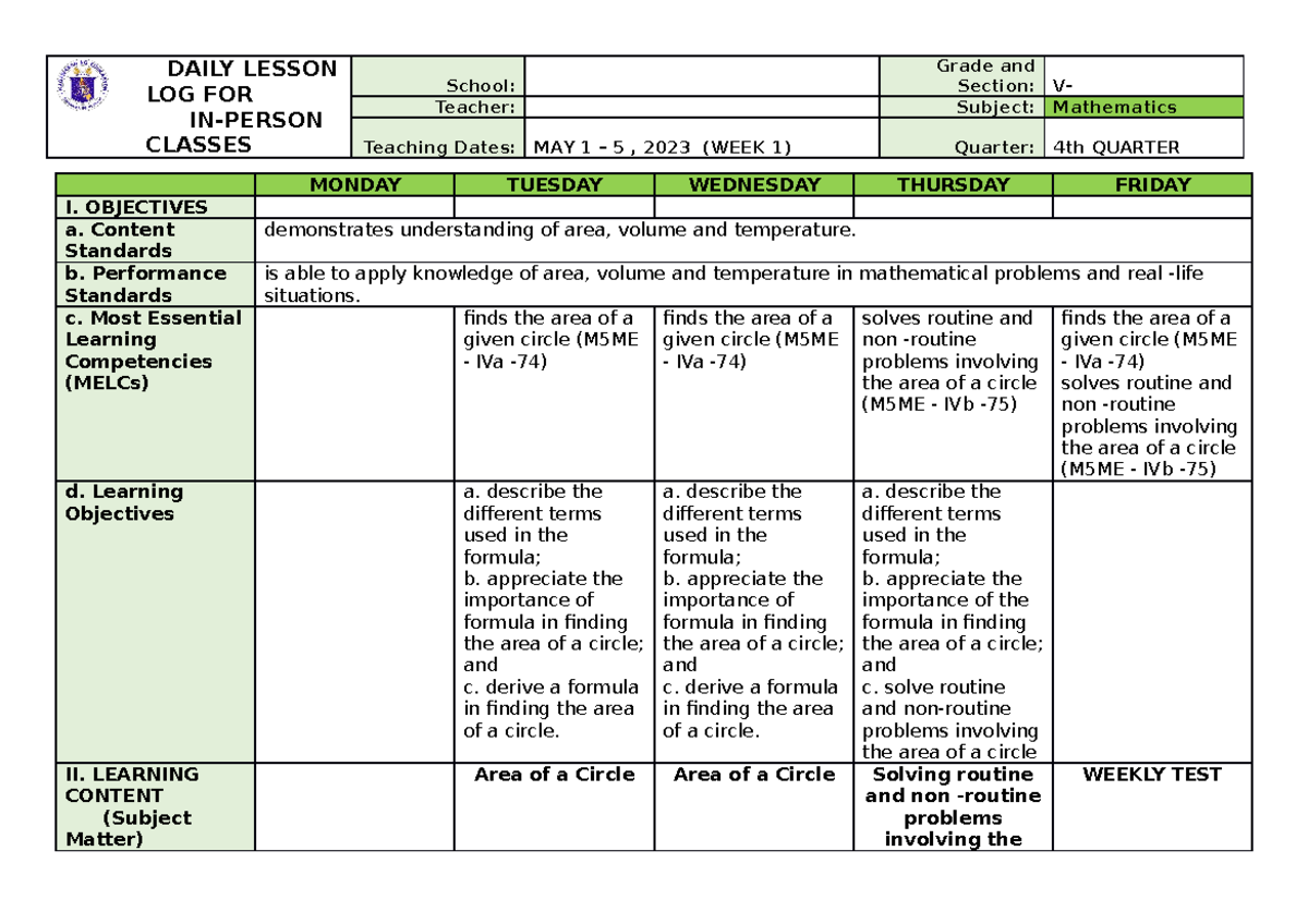 G5 Q4W1 DLL MATH MELCs - SSSA - DAILY LESSON LOG FOR IN-PERSON CLASSES ...