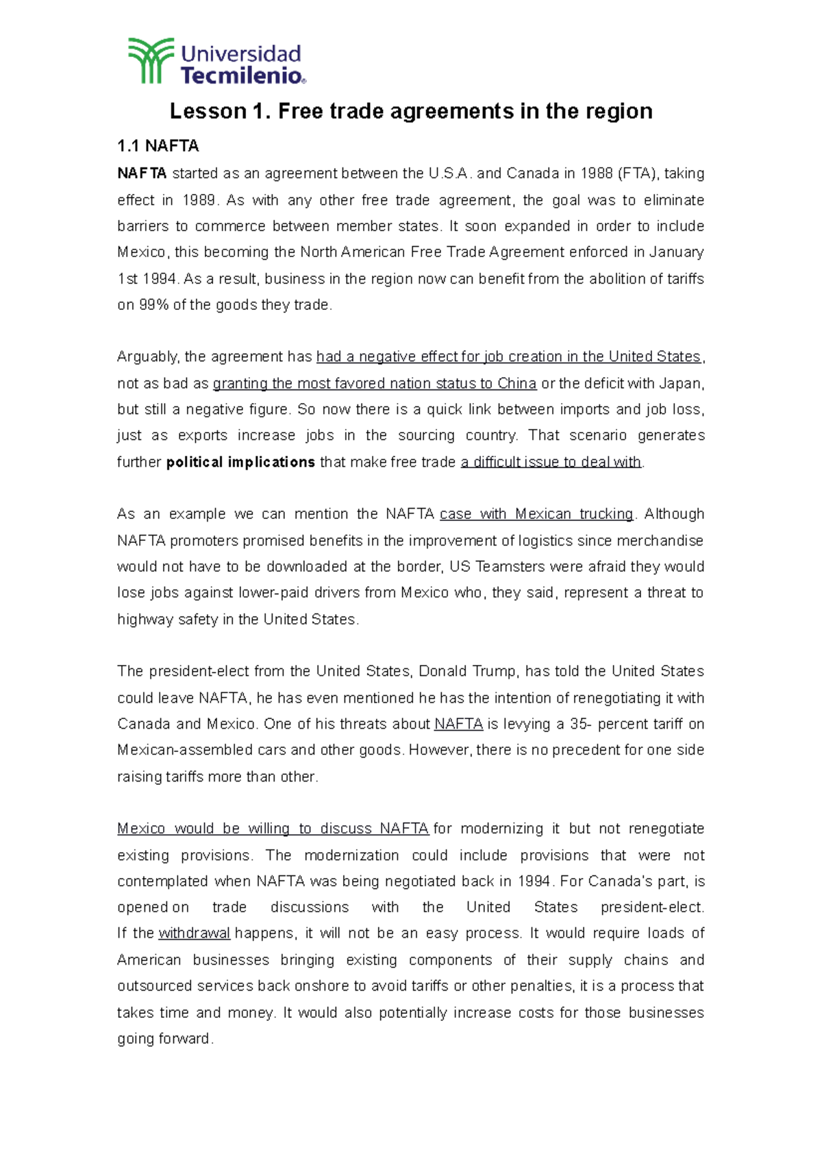 Lesson 1 DBA - Apuntes 1 - Lesson 1. Free trade agreements in the ...