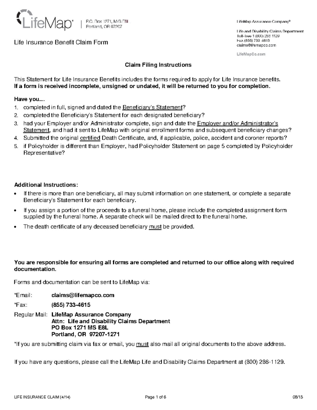 Lifemap life claim form fillable 0 - Claim Filing Instructions This ...