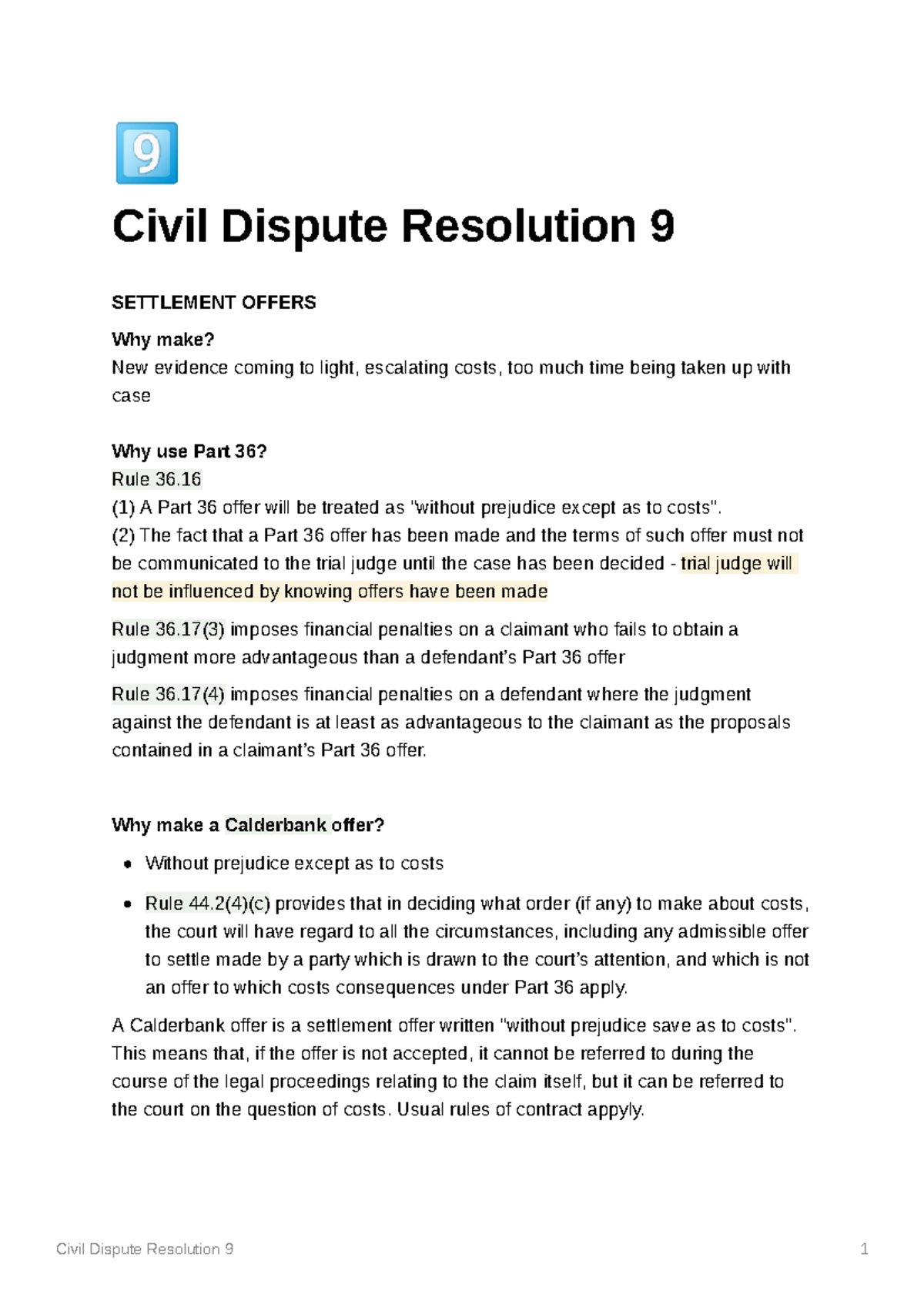 CDR 9 Settlement Offers, PArt 36 Offer - 󾠶 Civil Dispute Resolution 9 ...
