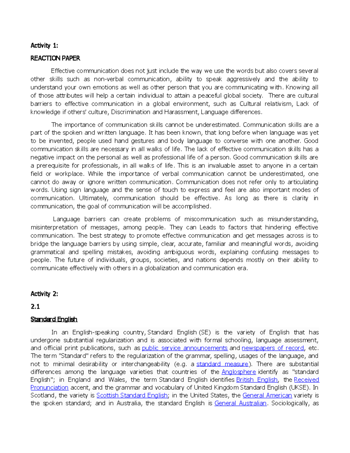 Purposive - Activity 1: REACTION PAPER Effective communication does not ...
