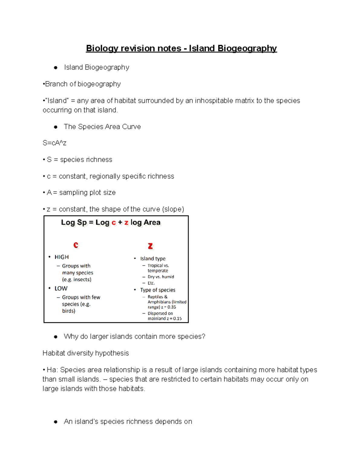 Biology revision notes - Island Biogeography - The Species Area Curve S ...