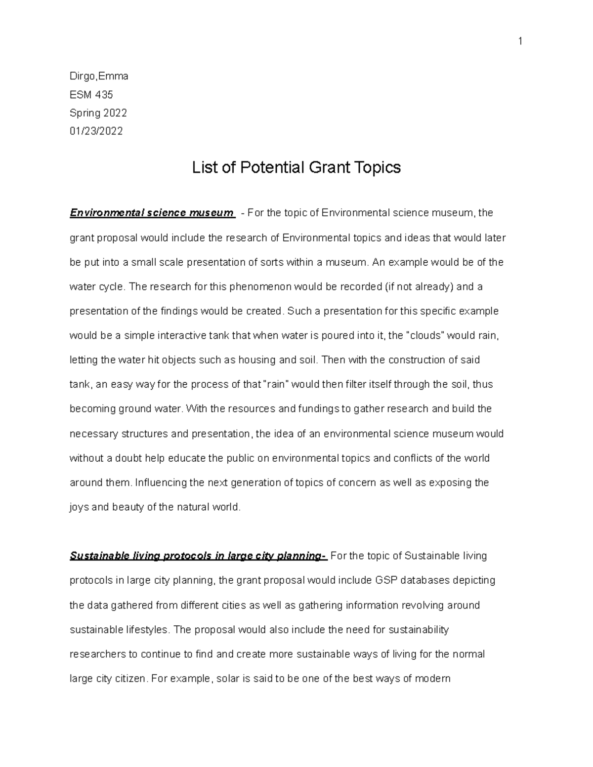List of Potential Grant Topics ver #1 012322 - 1 Dirgo,Emma ESM 435 ...