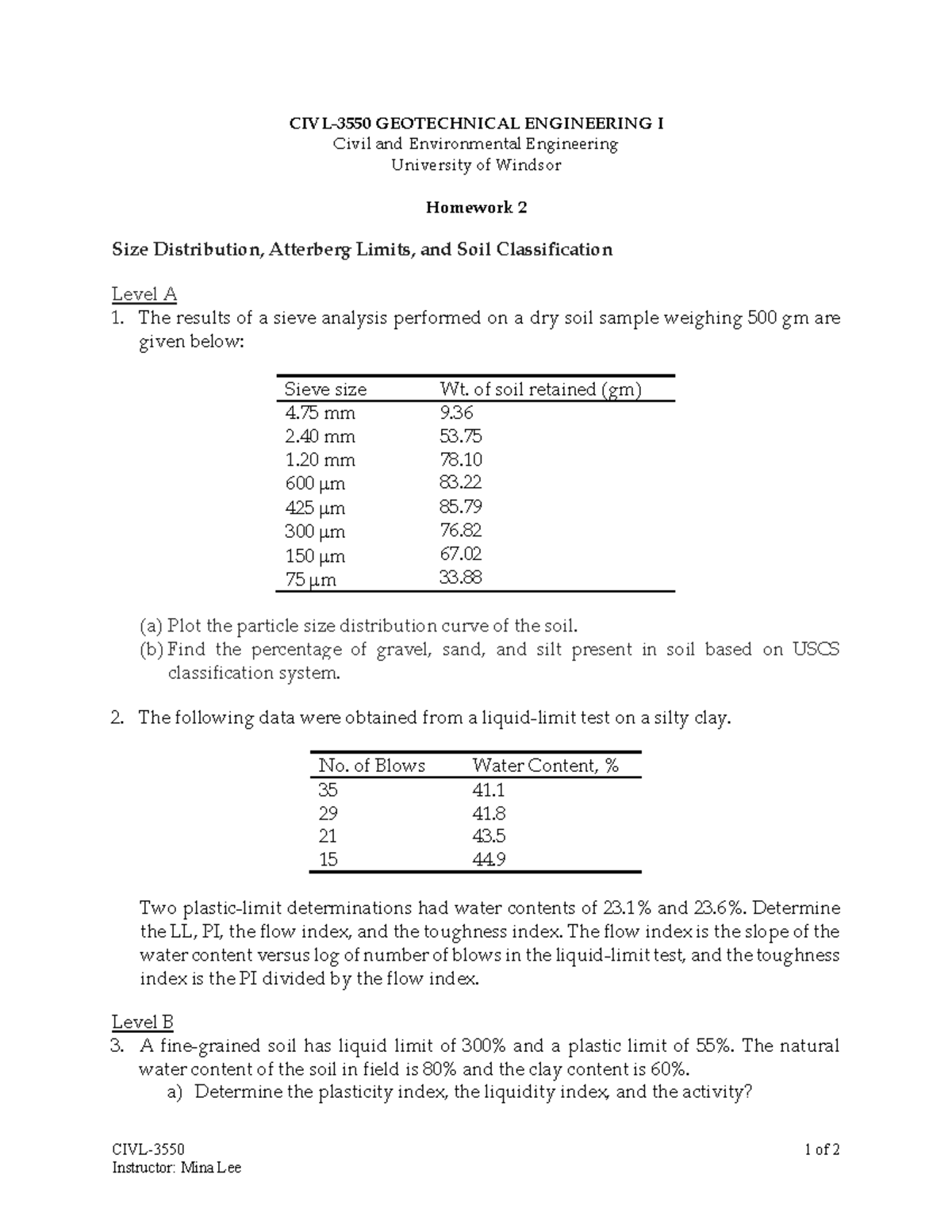 Homework 2 - CIVL- 3550 Instructor: Mina Lee 1 of 2 CIVL- 3550 ...