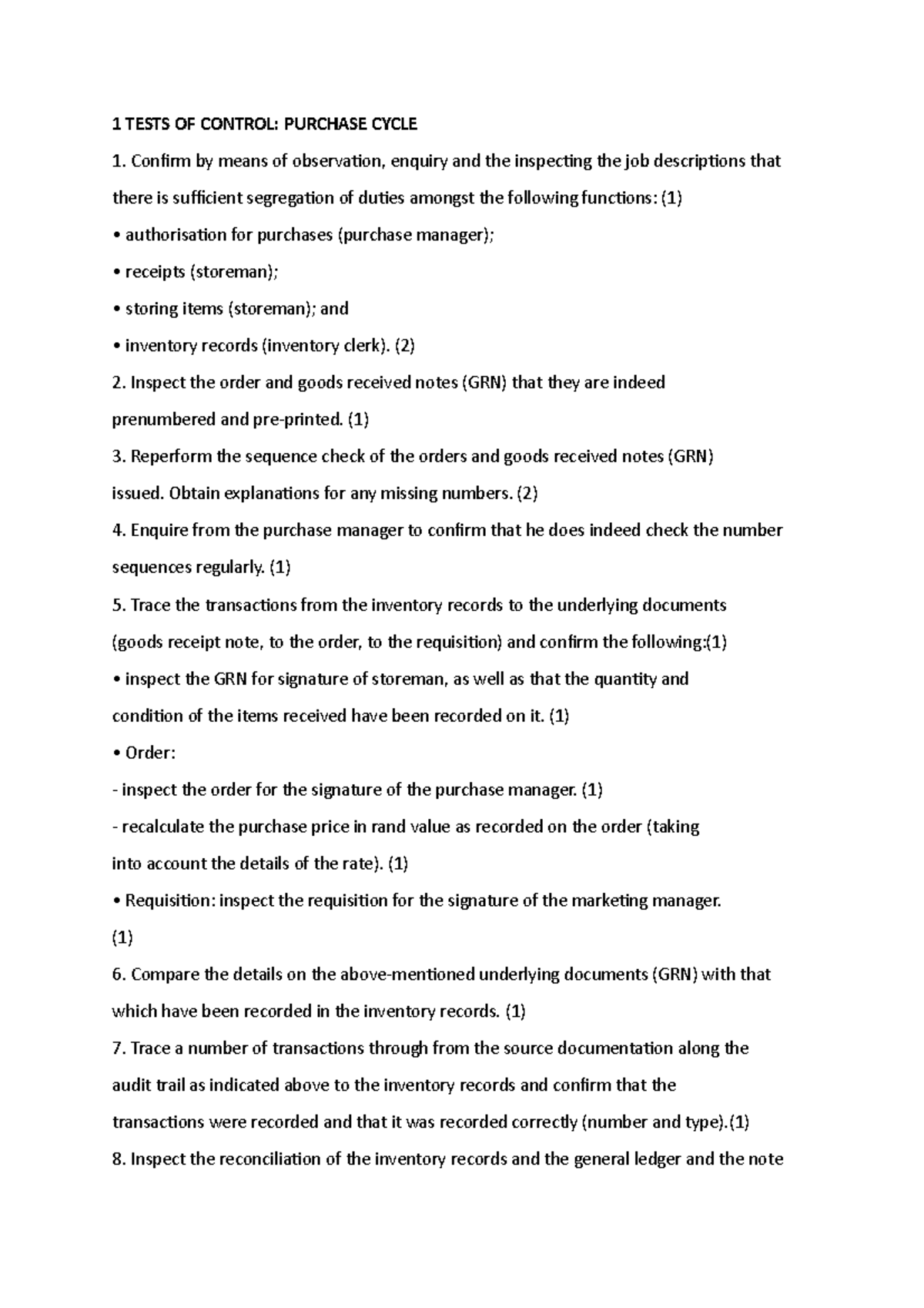 Auditing summary on Test of Controls: Term 1 - 1 TESTS OF CONTROL ...