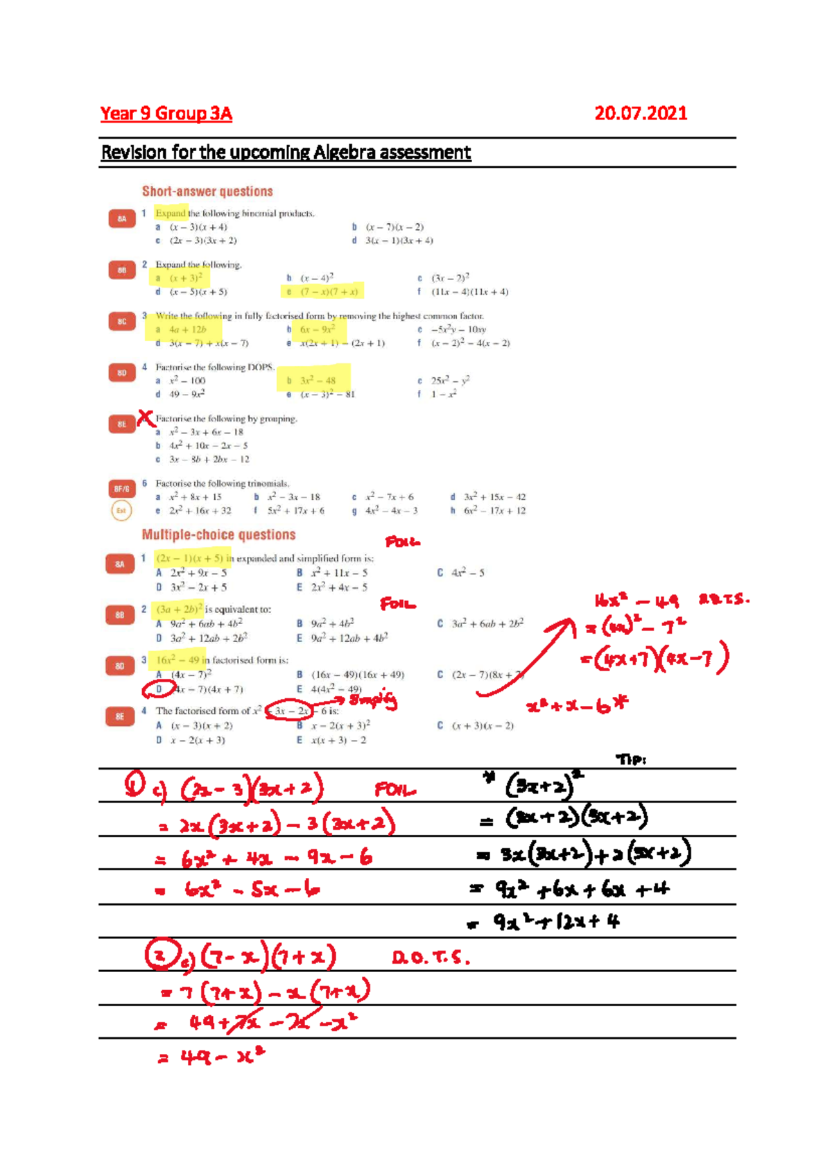 Math notes - Year 9 Group 3A 20.07 Revision for the upcoming Algebra ...