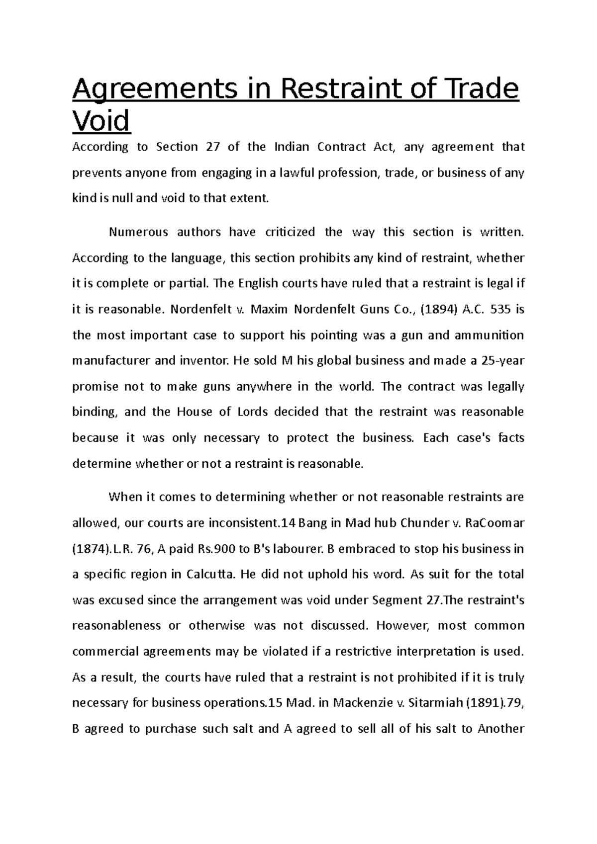 Agreements in Restraint of Trade Void - Agreements in Restraint of ...