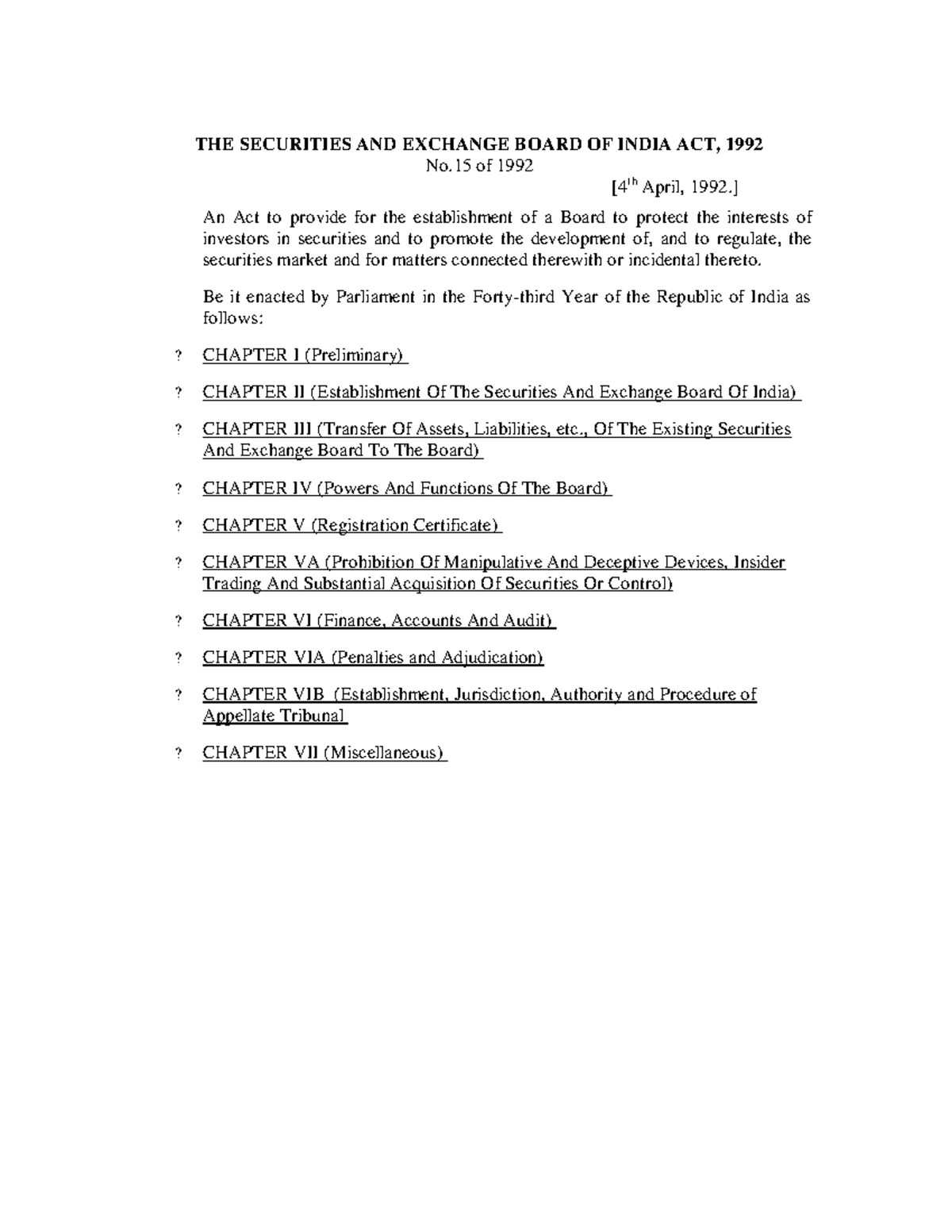 Sebi act - Notes - THE SECURITIES AND EXCHANGE BOARD OF INDIA ACT, 1992 ...