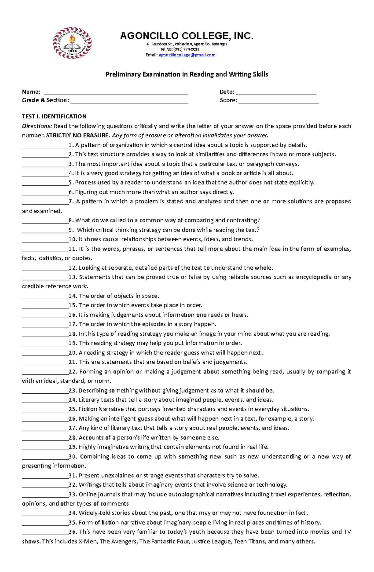 Midterm Examination IN Reading AND Writing Skills - AGONCILLO COLLEGE ...