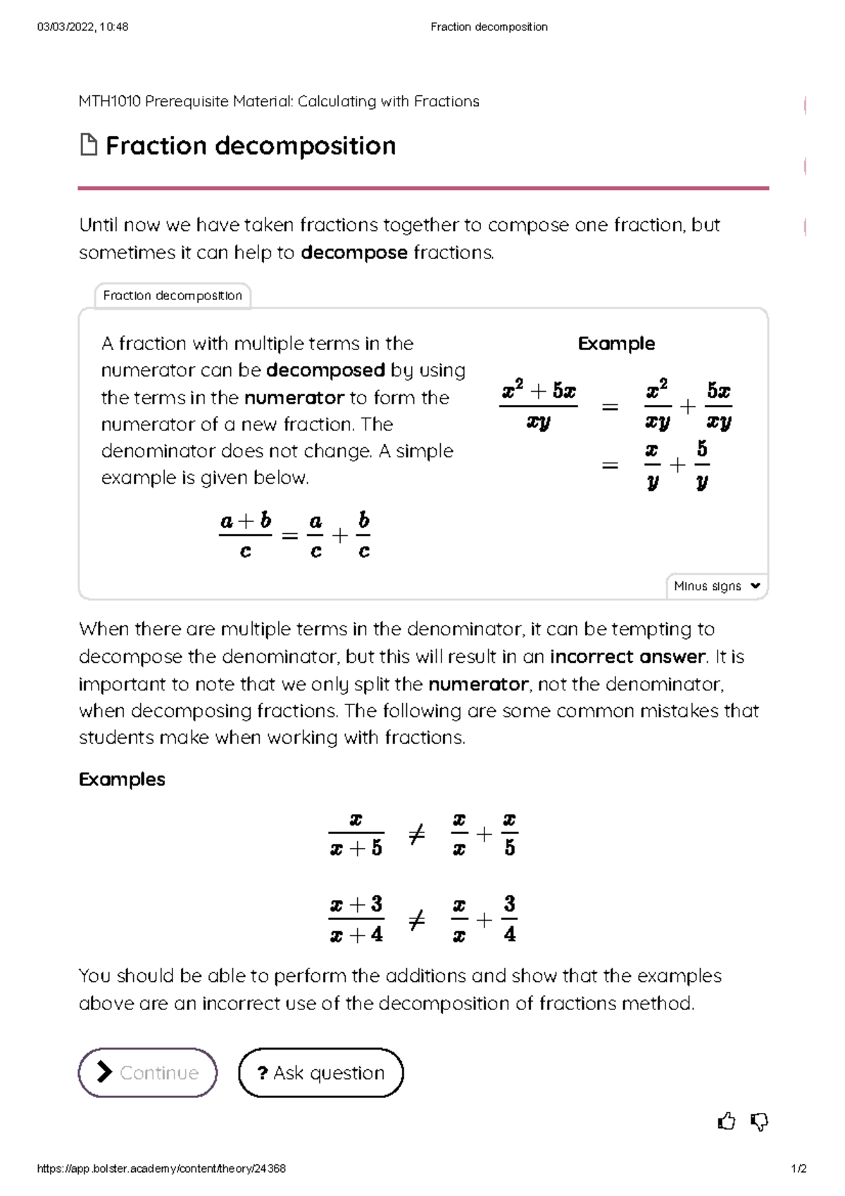 Fraction decomposition - bolster/content/theory/24368 1/ MTH1010 ...