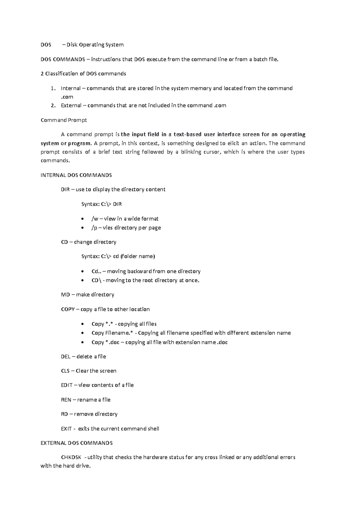 DOS - dasdasfasfas - DOS – Disk Operating System DOS COMMANDS ...